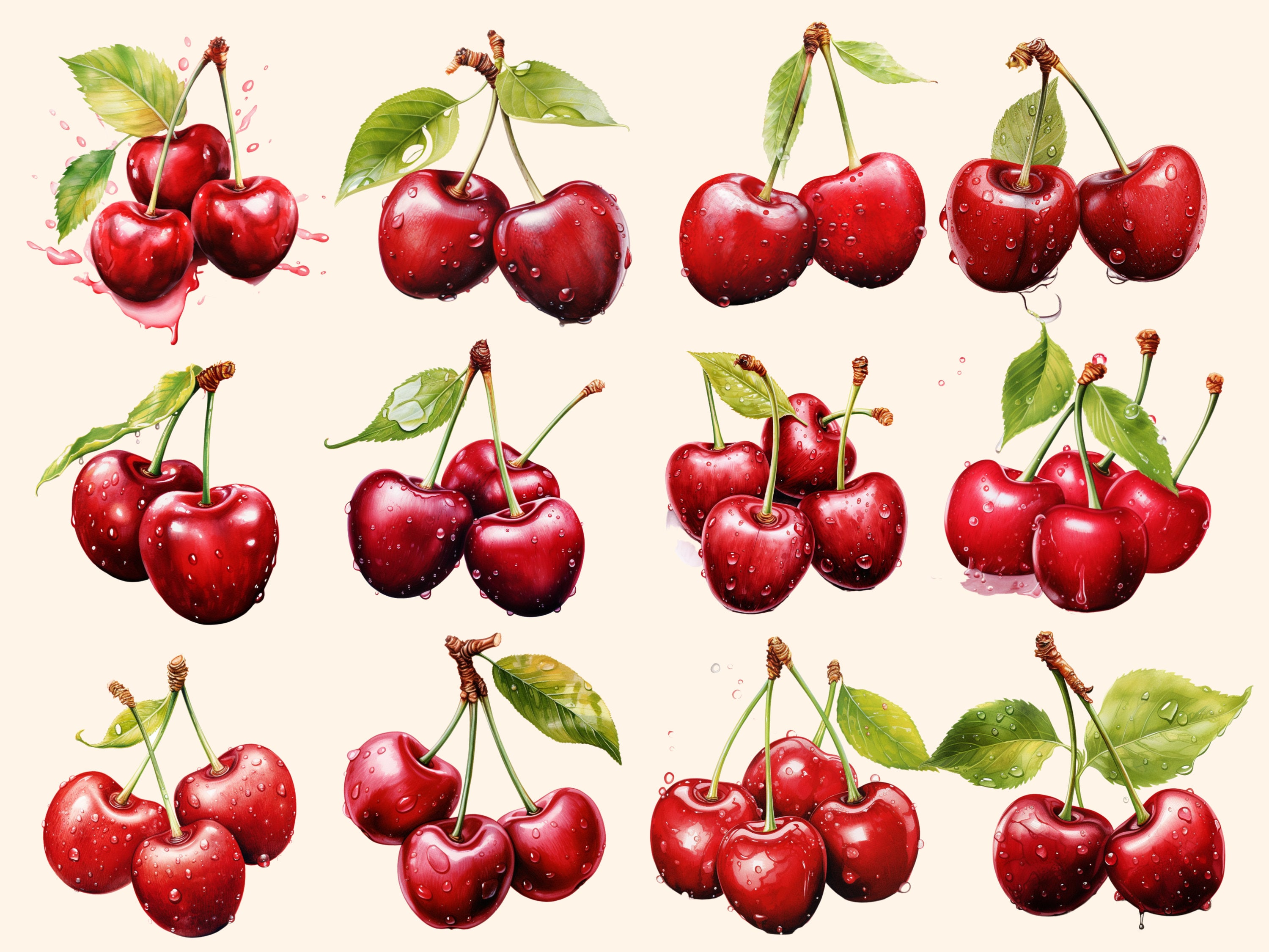 42 Watercolor Cherry Clipart, Digital Png Cherries, Graphics for ...