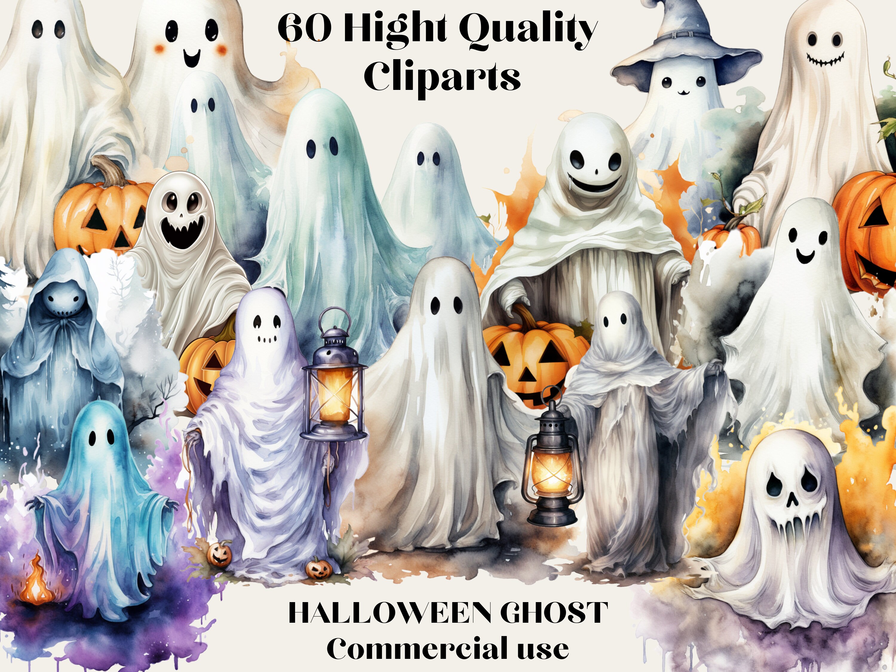 60 Spooky Halloween Ghost Clipart Watercolor Clipart - Etsy