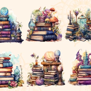 Watercolor Fantasy Books Clipart, Galaxy Wizard Book Stacks and Shelves ...