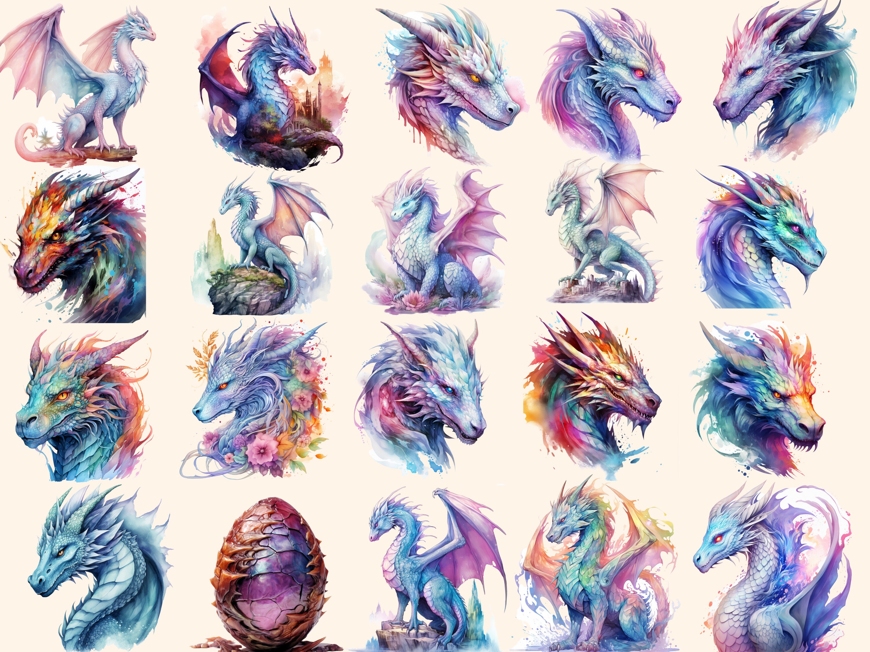 57 Elemental Dragons Watercolor Clipart Bundle, Magical Fairytale ...