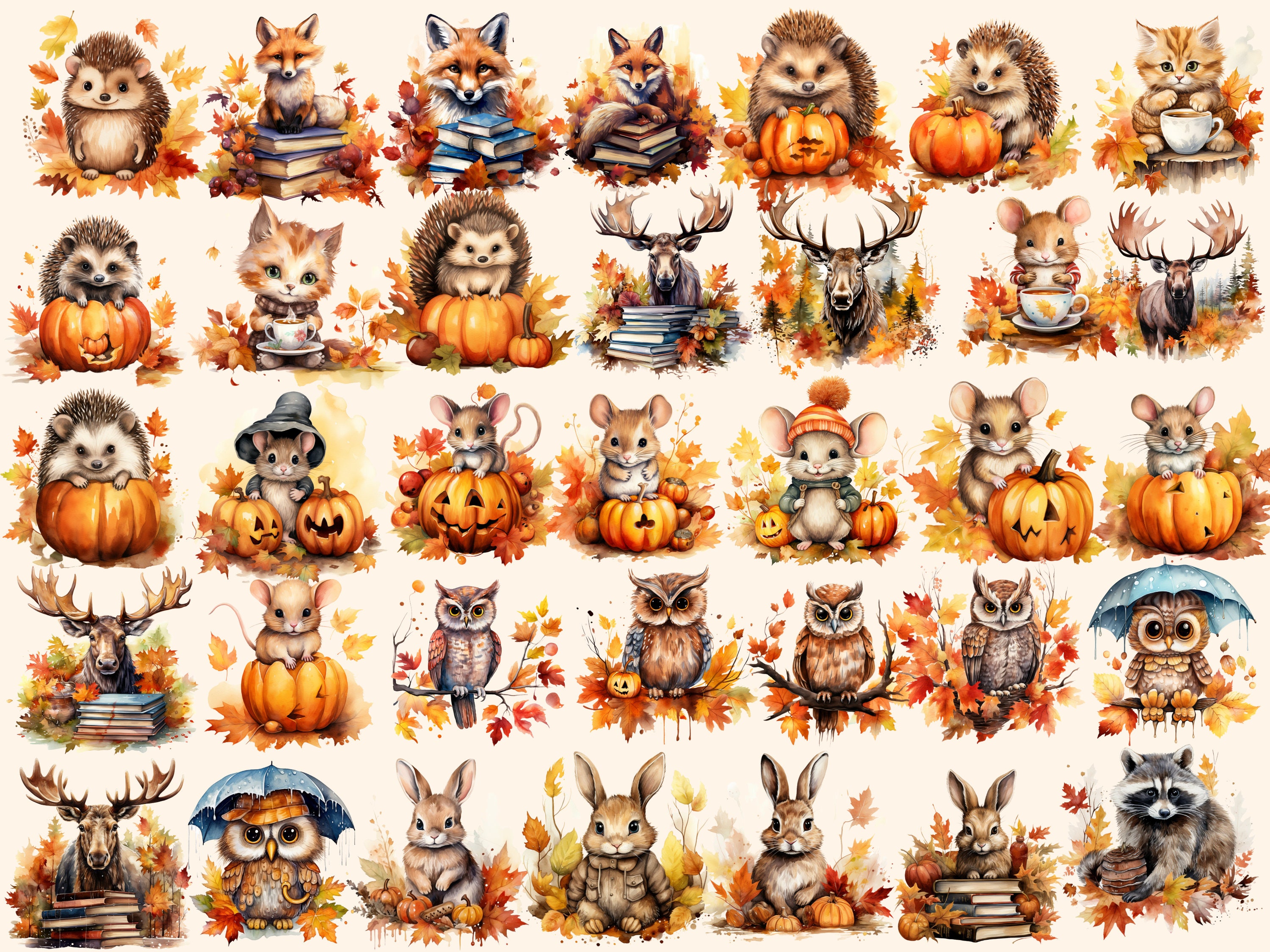440 Autumn Animals Watercolor Clipart Bundle PNG Cute Fall - Etsy