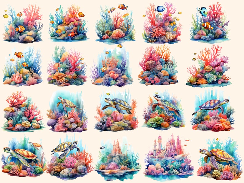 100 Coral Reefs Watercolor Clipart Bundle, Sea Reef Images, Beautiful ...