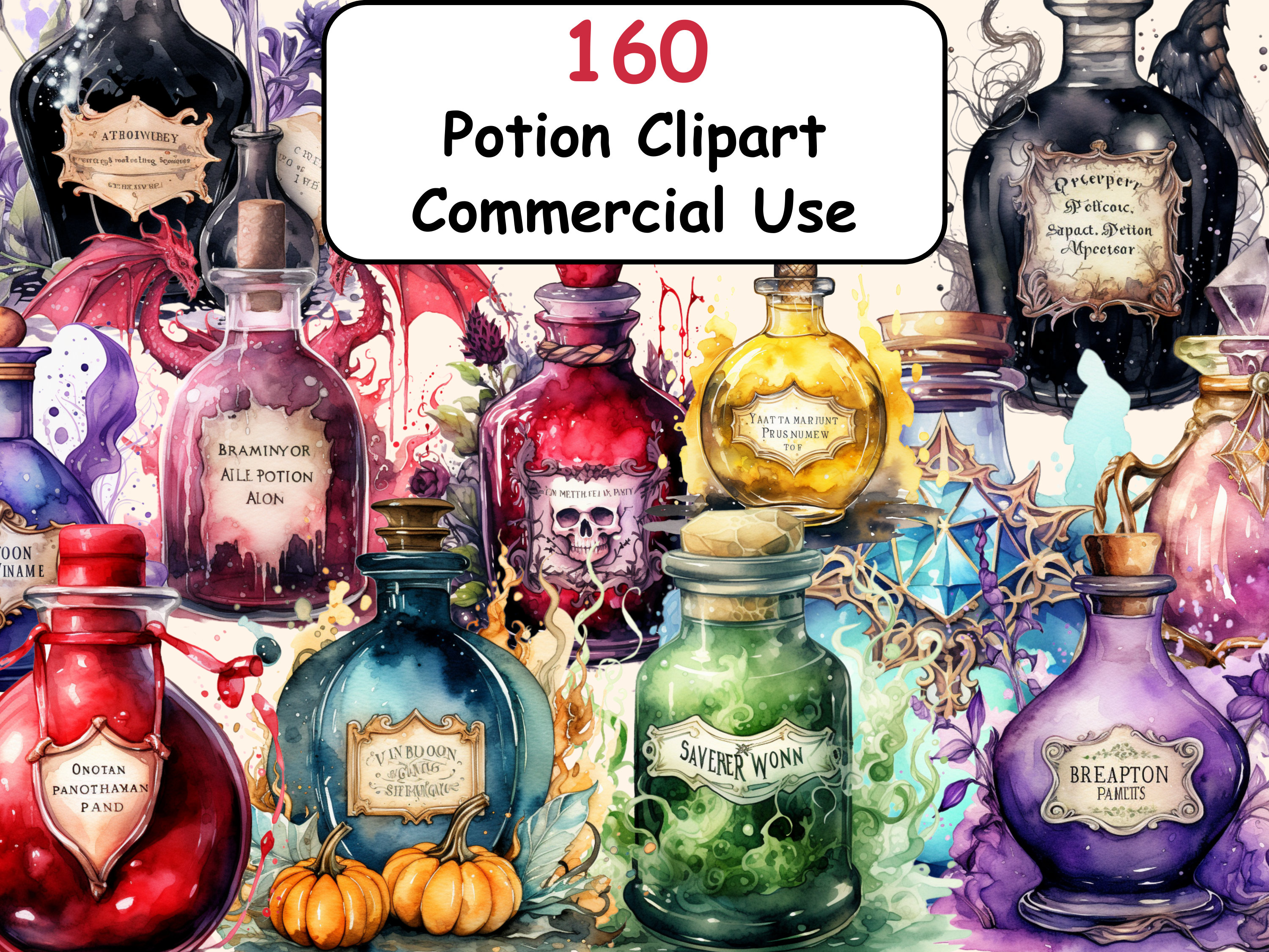 160 Witch Potion Watercolor Clipart Bundle, PNG Potions Images, Magical ...