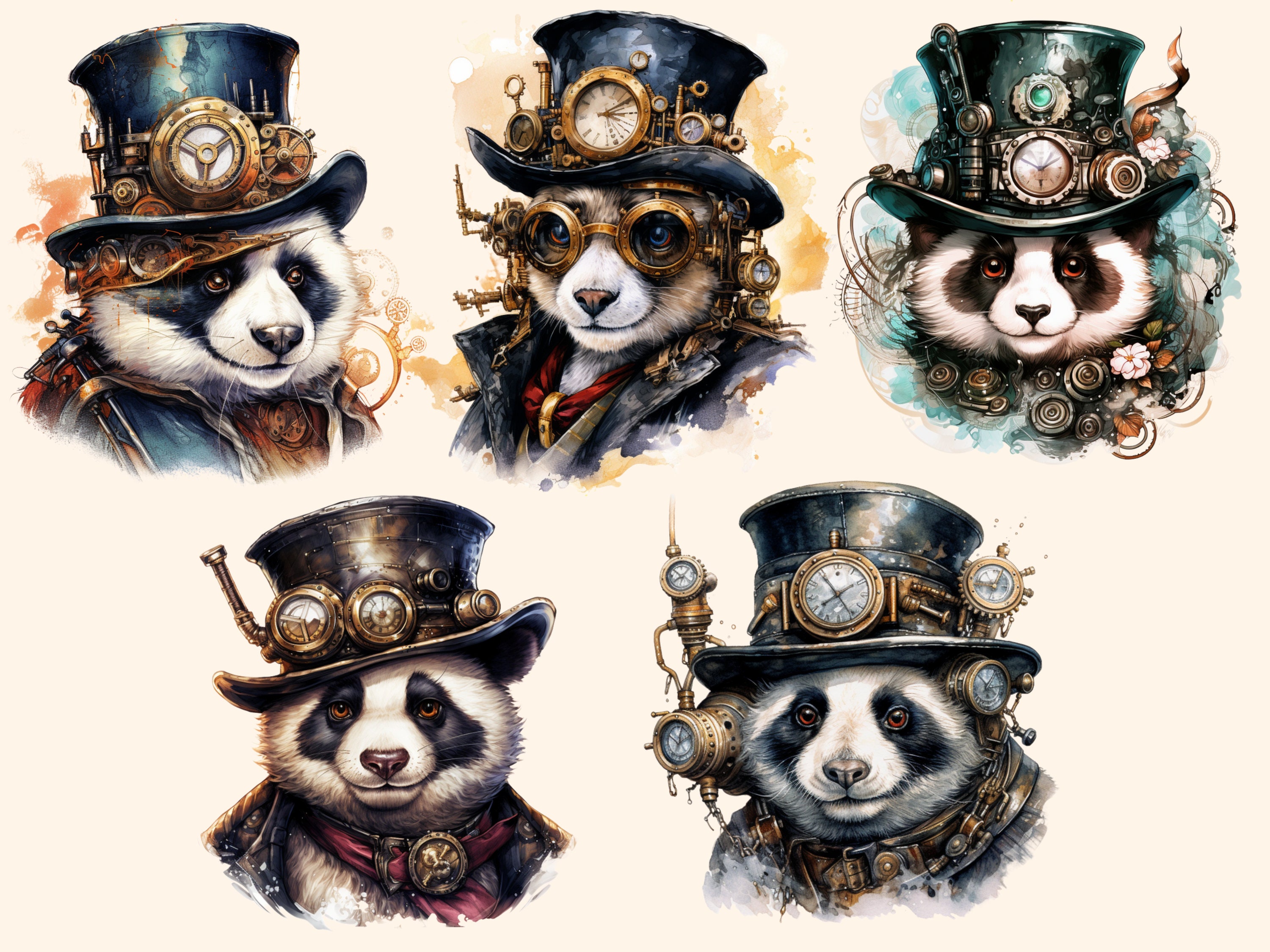 20 Steampunk Panda Watercolor Clipart Bundle PNG Mechanical - Etsy