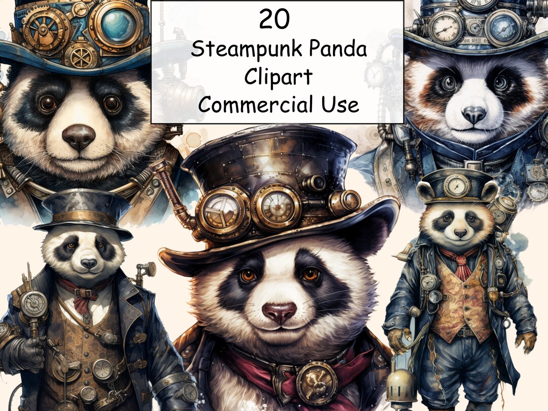 20 Steampunk Panda Watercolor Clipart Bundle, PNG Mechanical Panda ...
