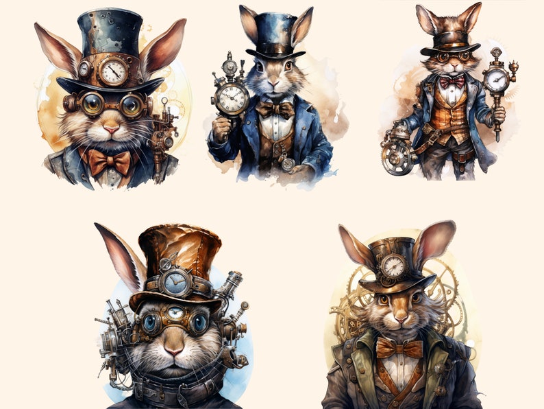 20 Steampunk Rabbit Watercolor Clipart Bundle, PNG Mechanical Rabbits ...