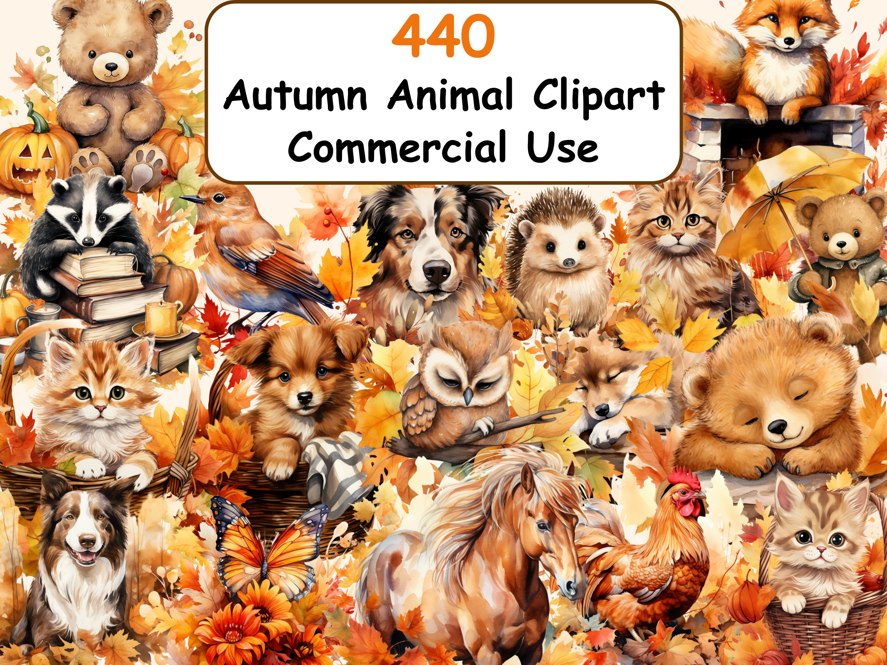 440 Autumn Animals Watercolor Clipart Bundle, PNG Cute Fall Animal ...