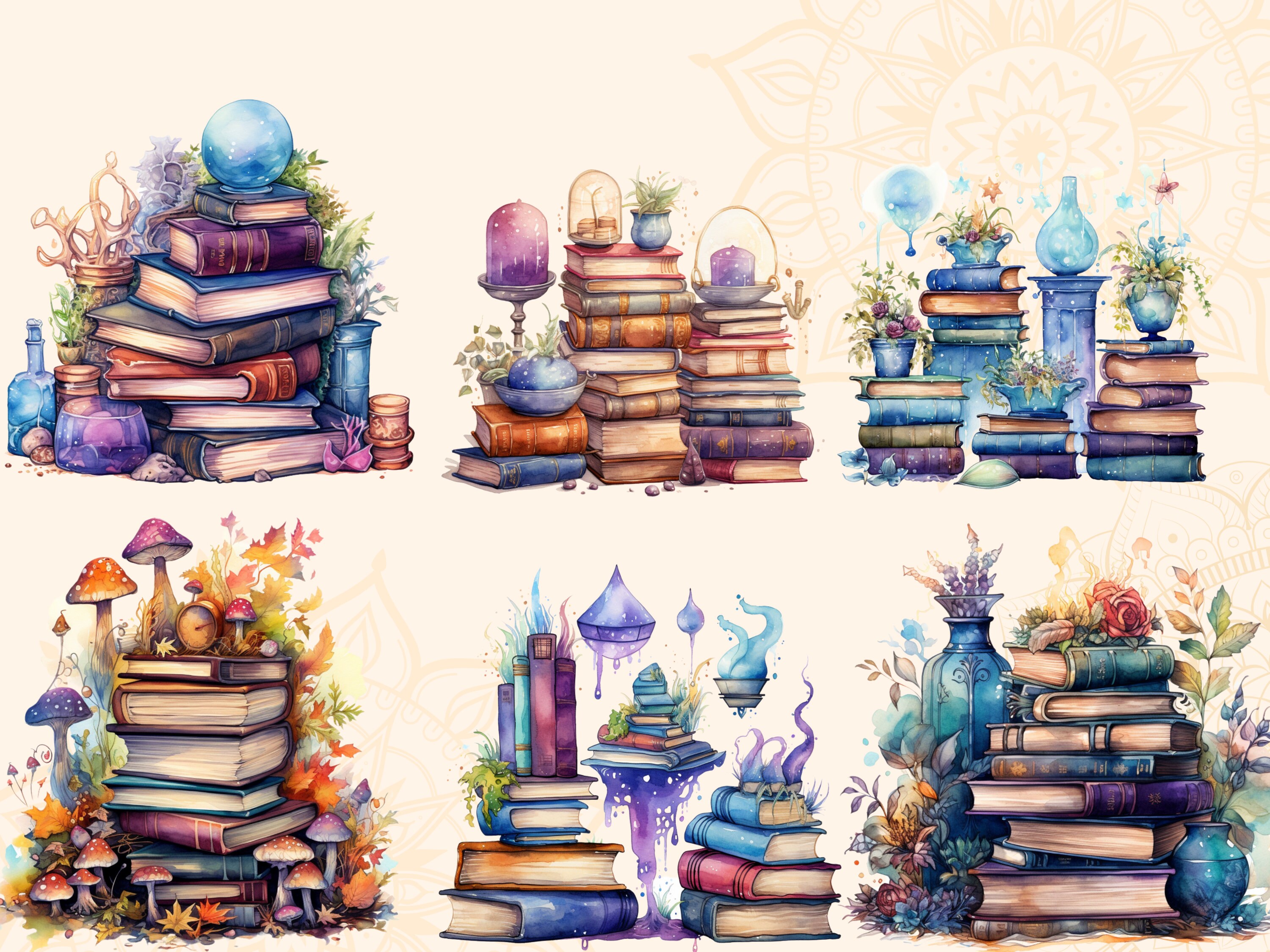 Watercolor Fantasy Books Clipart, Galaxy Wizard Book Stacks and Shelves ...