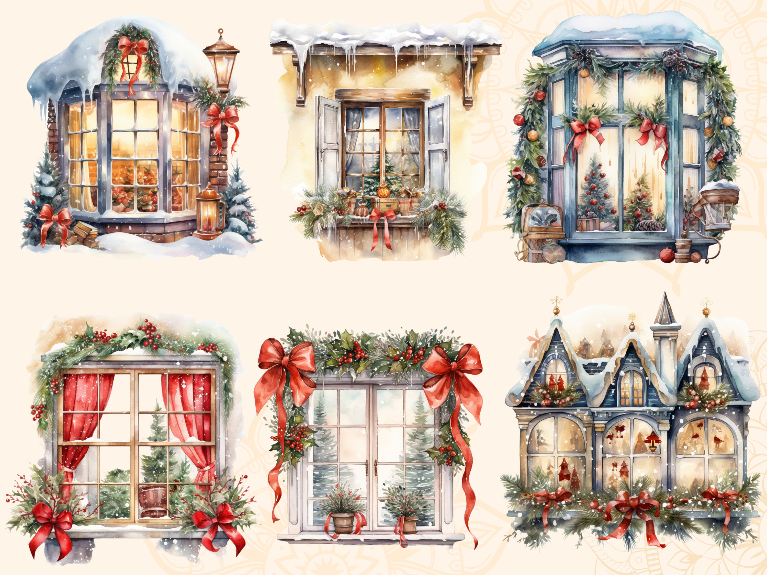 22 Watercolor Christmas Window Clipart, High Quality JPEG Files, Xmas ...