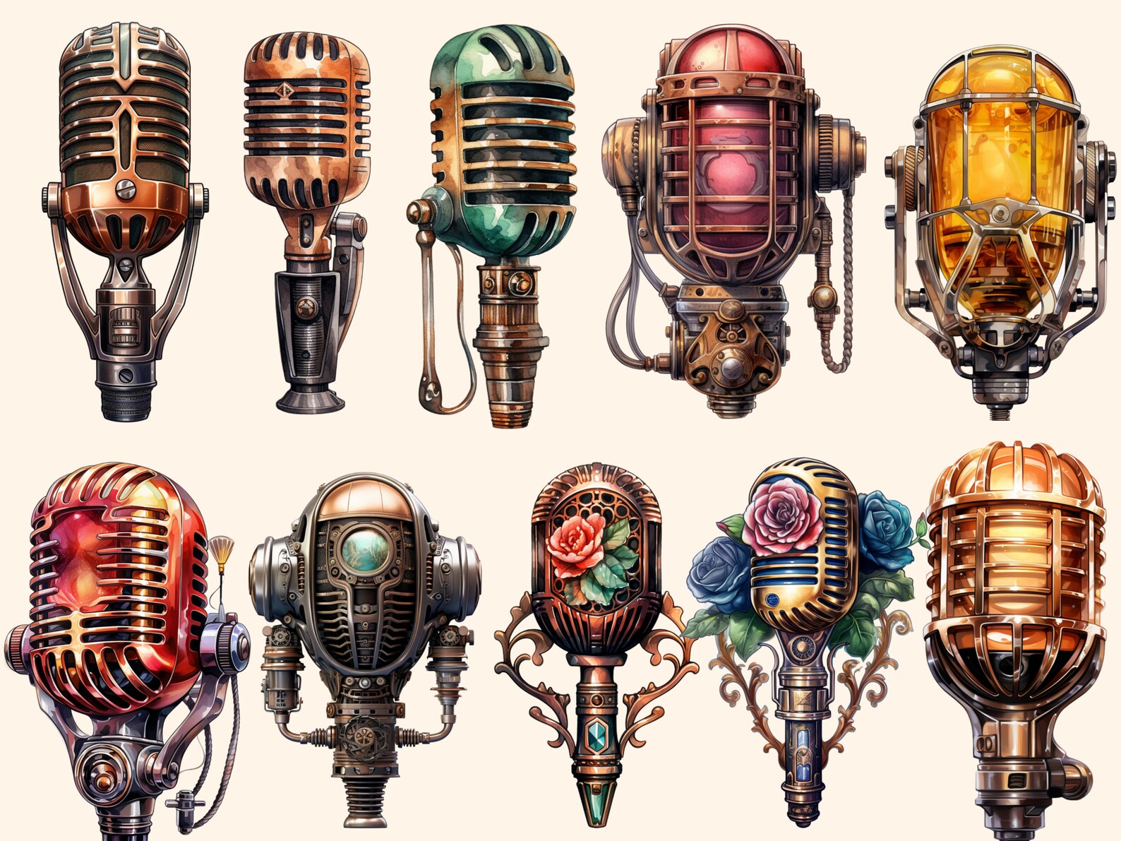 35 Steampunk Microphone Clipart, Vintage Clipart, Watercolor Steampunk ...