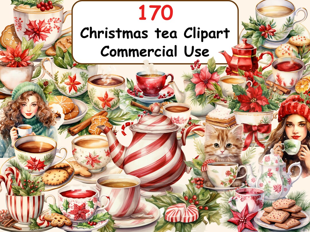 Christmas Tea Watercolor Clipart Bundle, 170 PNG Pepermint Drinks ...