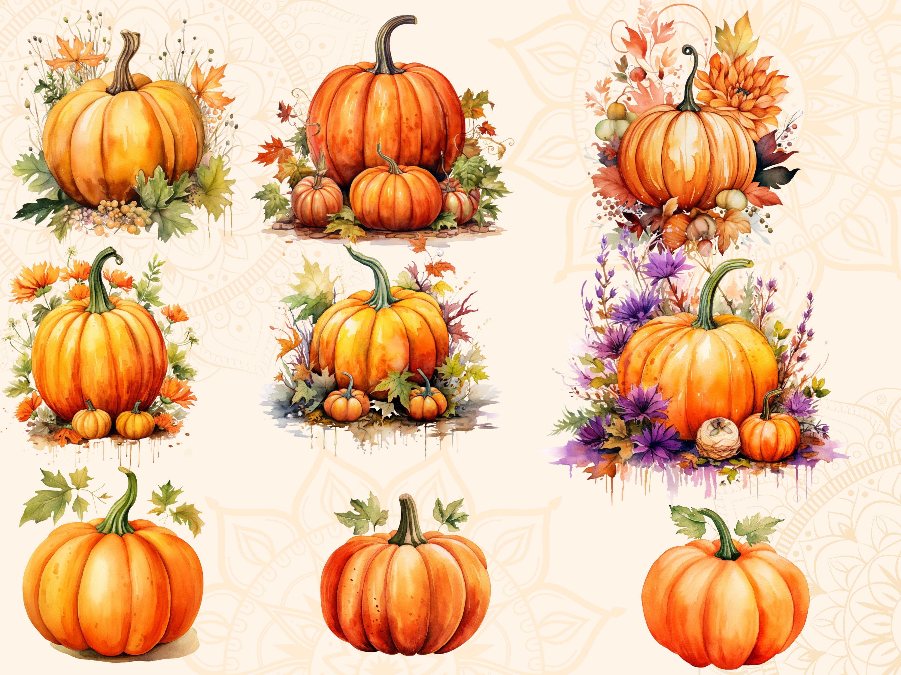 Watercolor Pumpkin Clipart, Autumn Watercolor in PNG Format Instant ...