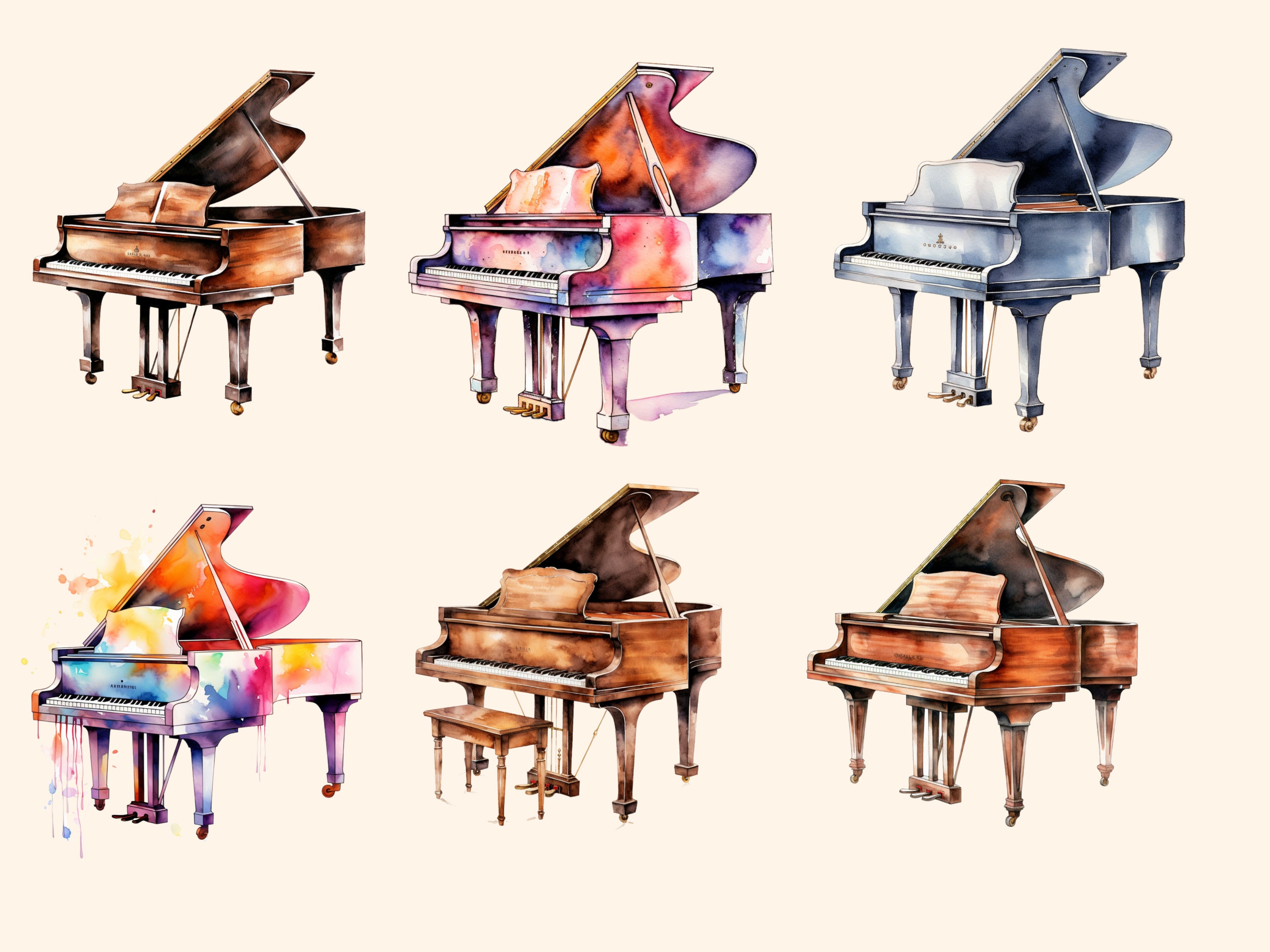 22 Watercolor Piano Clipart, Digital Png Grand Piano Musical Instrument ...
