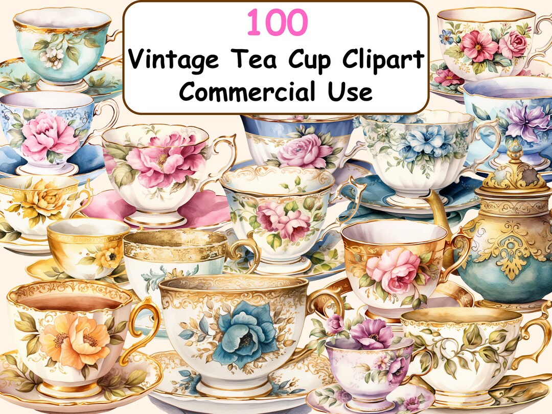 Vintage Tea Watercolor Clipart Bundle, 100 PNG Antique Teacup Images ...