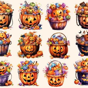 80 Halloween Candies Bucket Watercolor Clipart Bundle, PNG Trick or ...