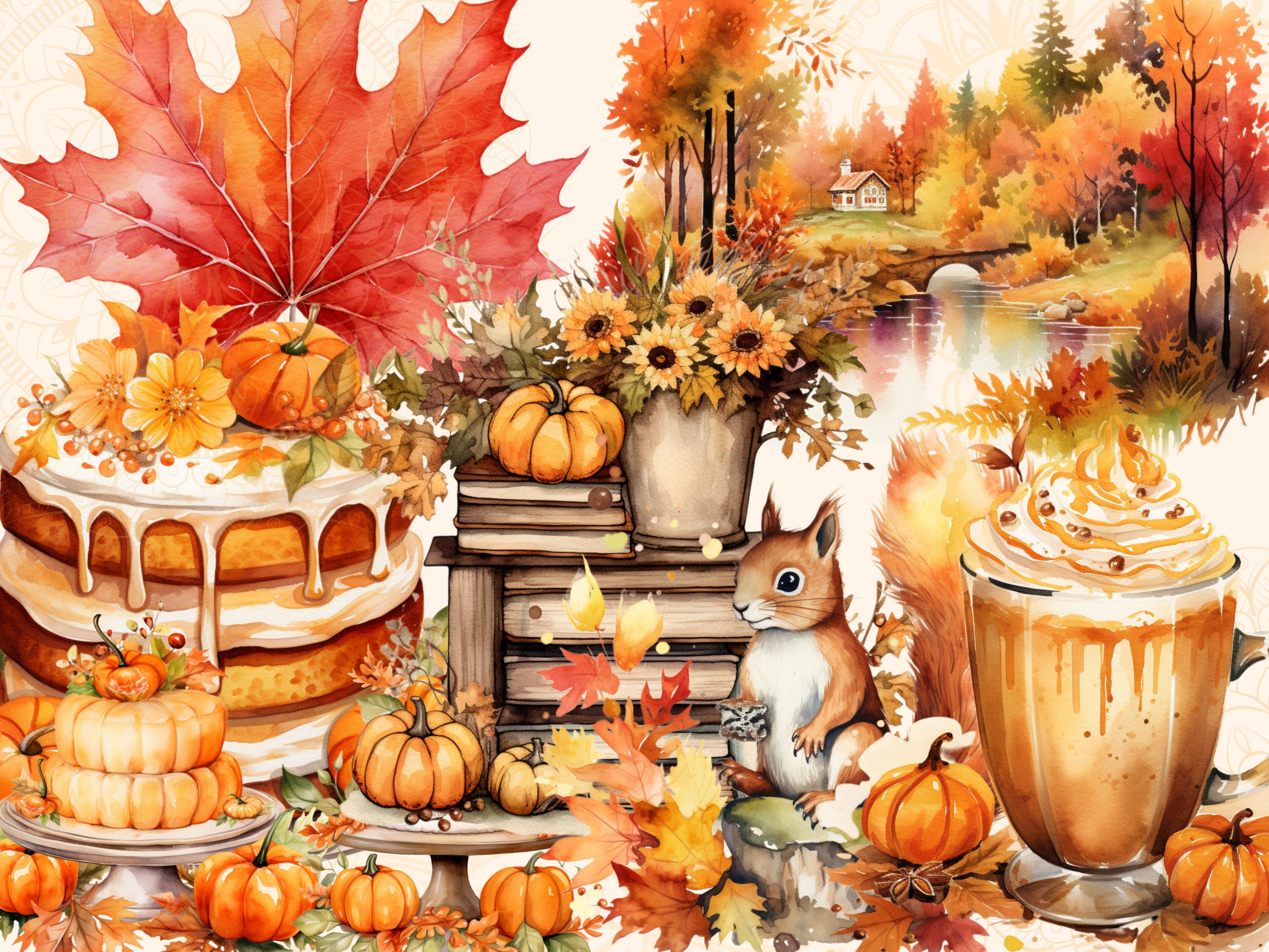 166 Watercolor Autumn Clipart Bundle , PNG Watercolor Fall Illustration ...