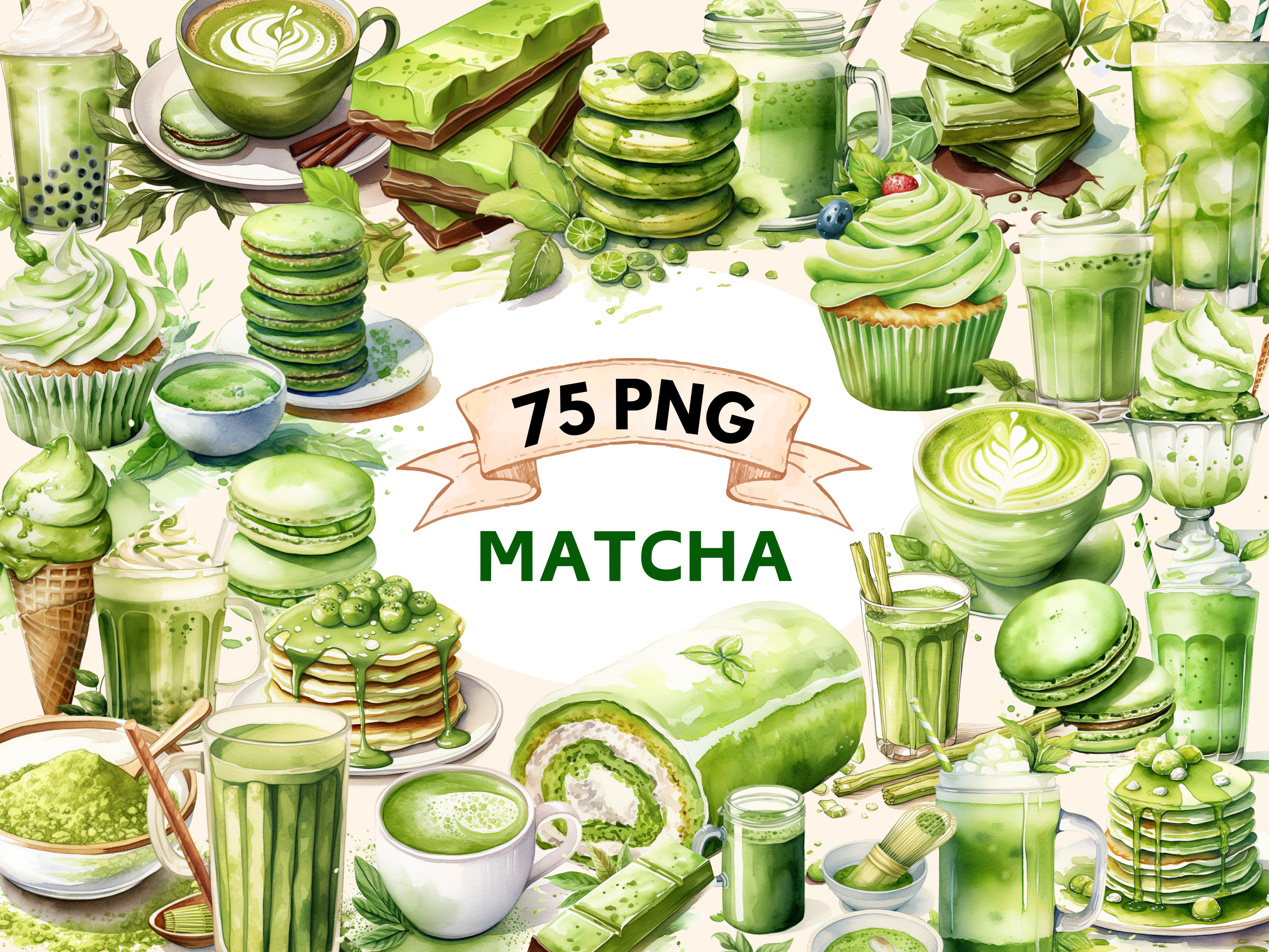 Matcha Latte Desserts Clipart, Macaroons Png, Green Tea and Latte ...