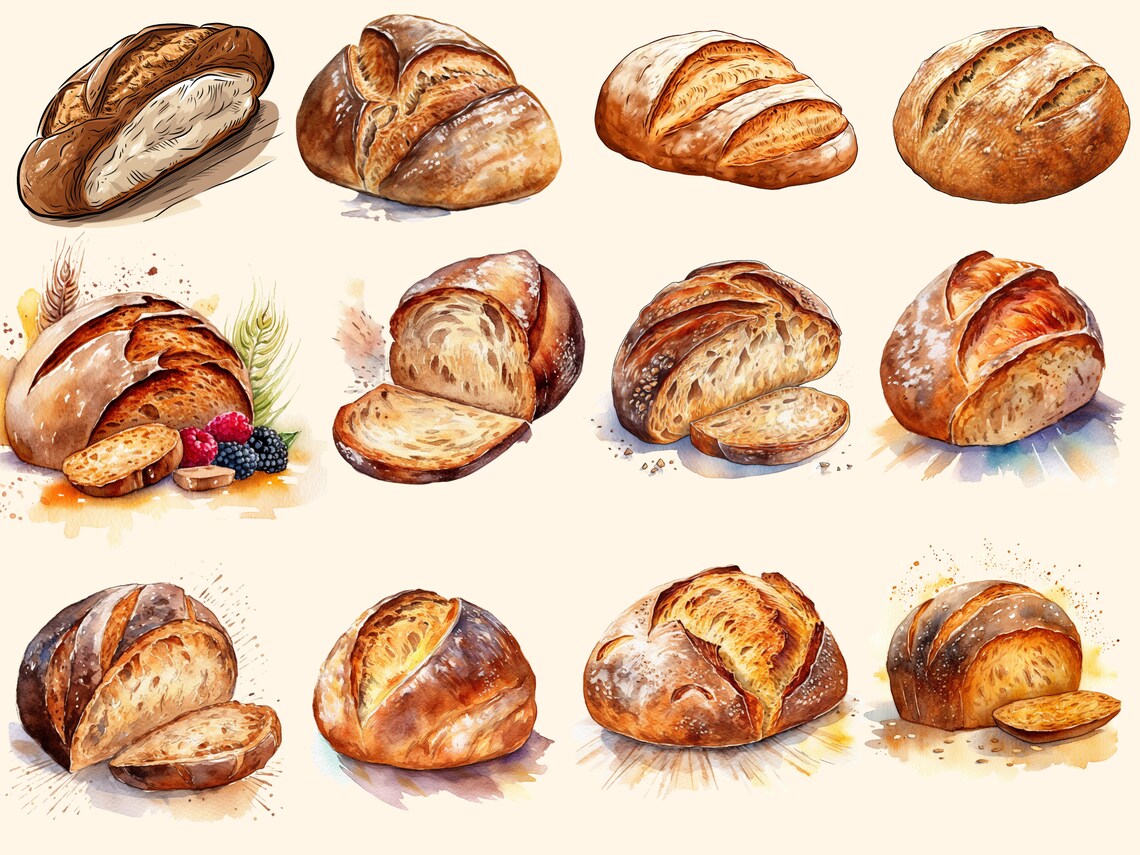 30 Watercolor Bakery Clipart, Png Baking Clipart, Bread Clipart ...
