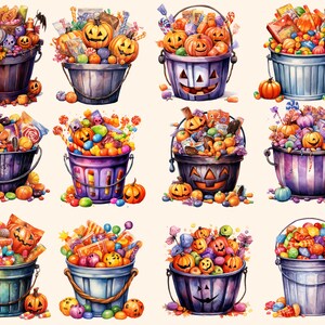 80 Halloween Candies Bucket Watercolor Clipart Bundle, PNG Trick or ...