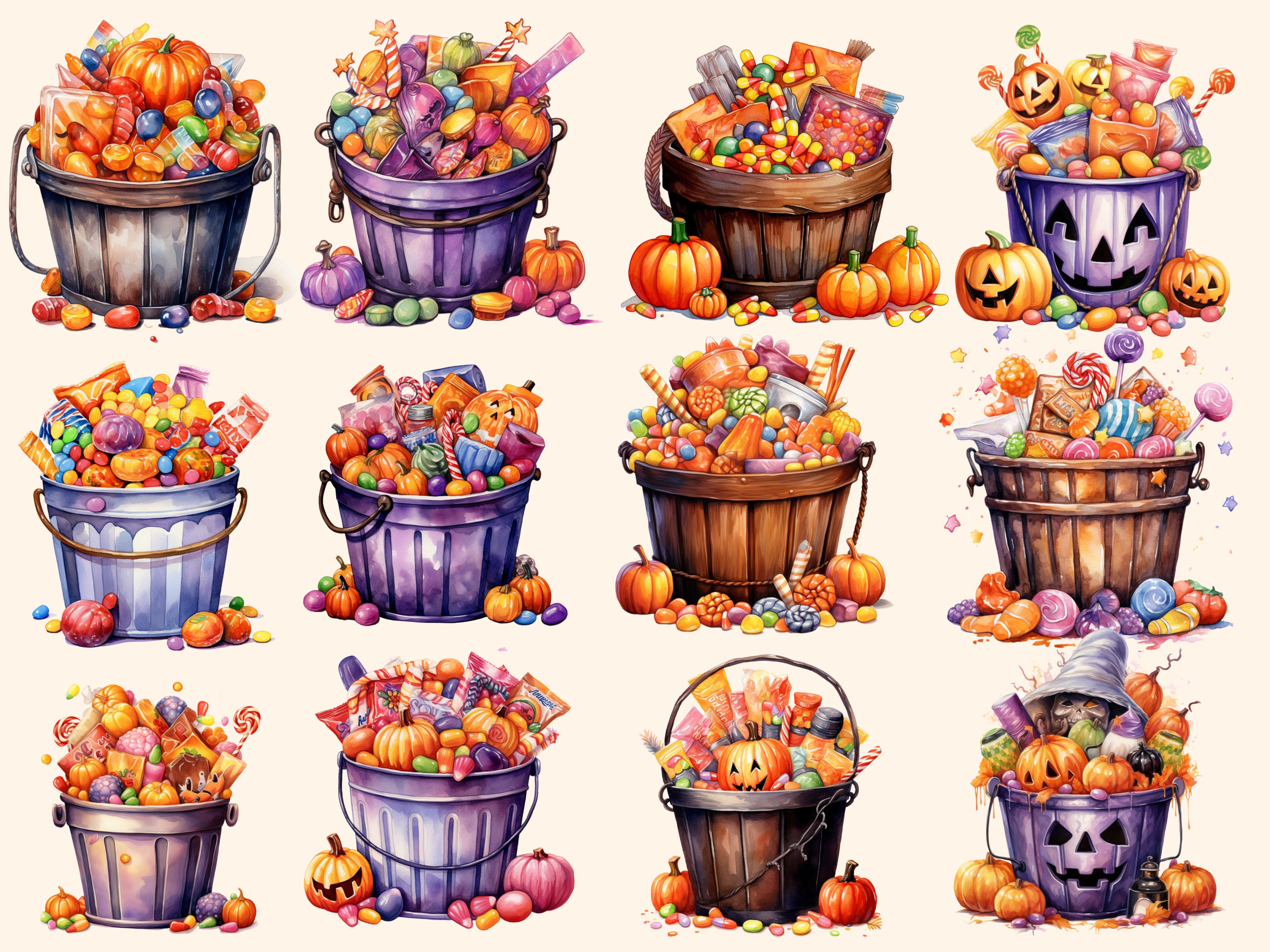 80 Halloween Candies Bucket Watercolor Clipart Bundle, PNG Trick or ...