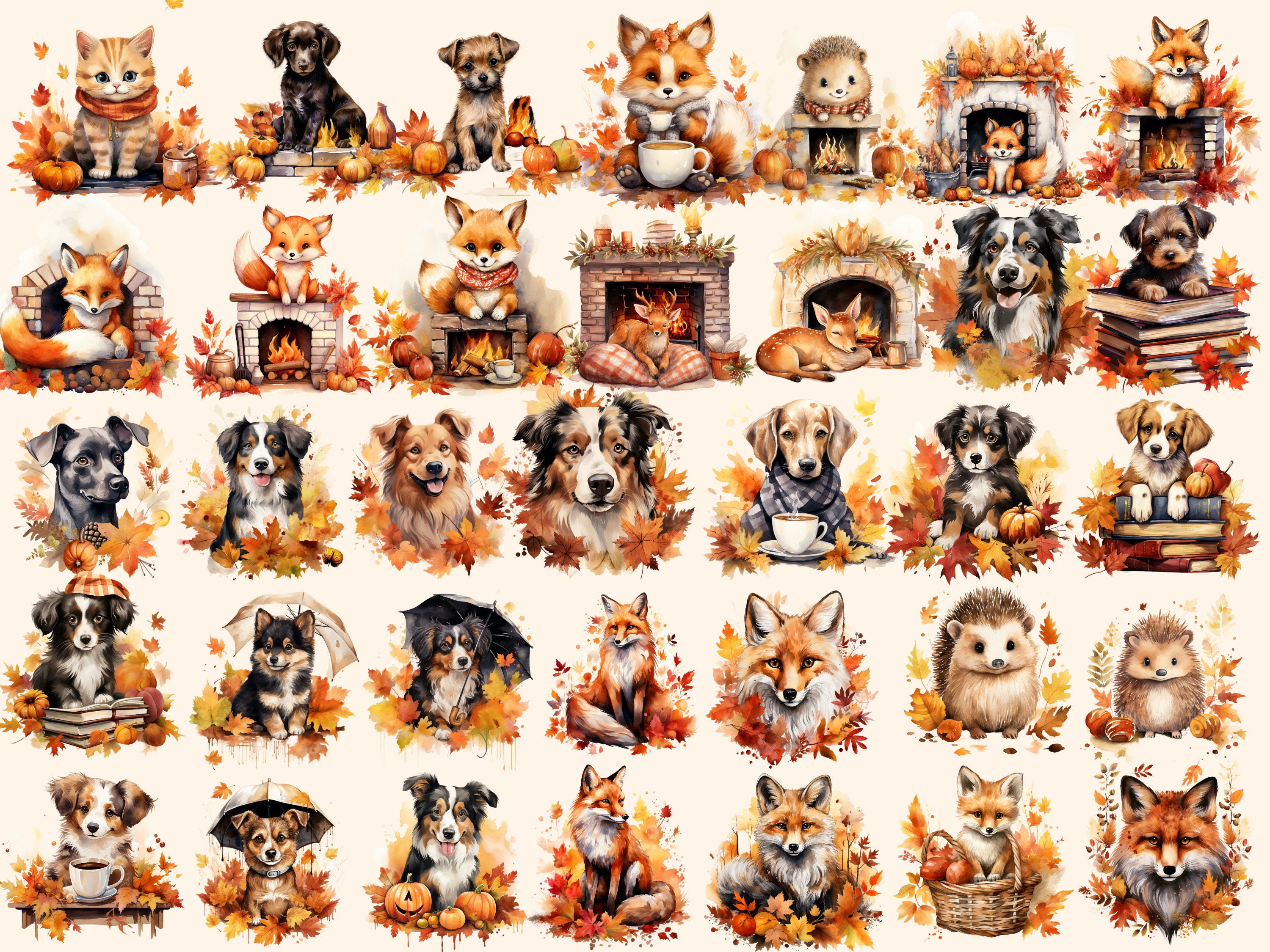 440 Autumn Animals Watercolor Clipart Bundle, PNG Cute Fall Animal ...