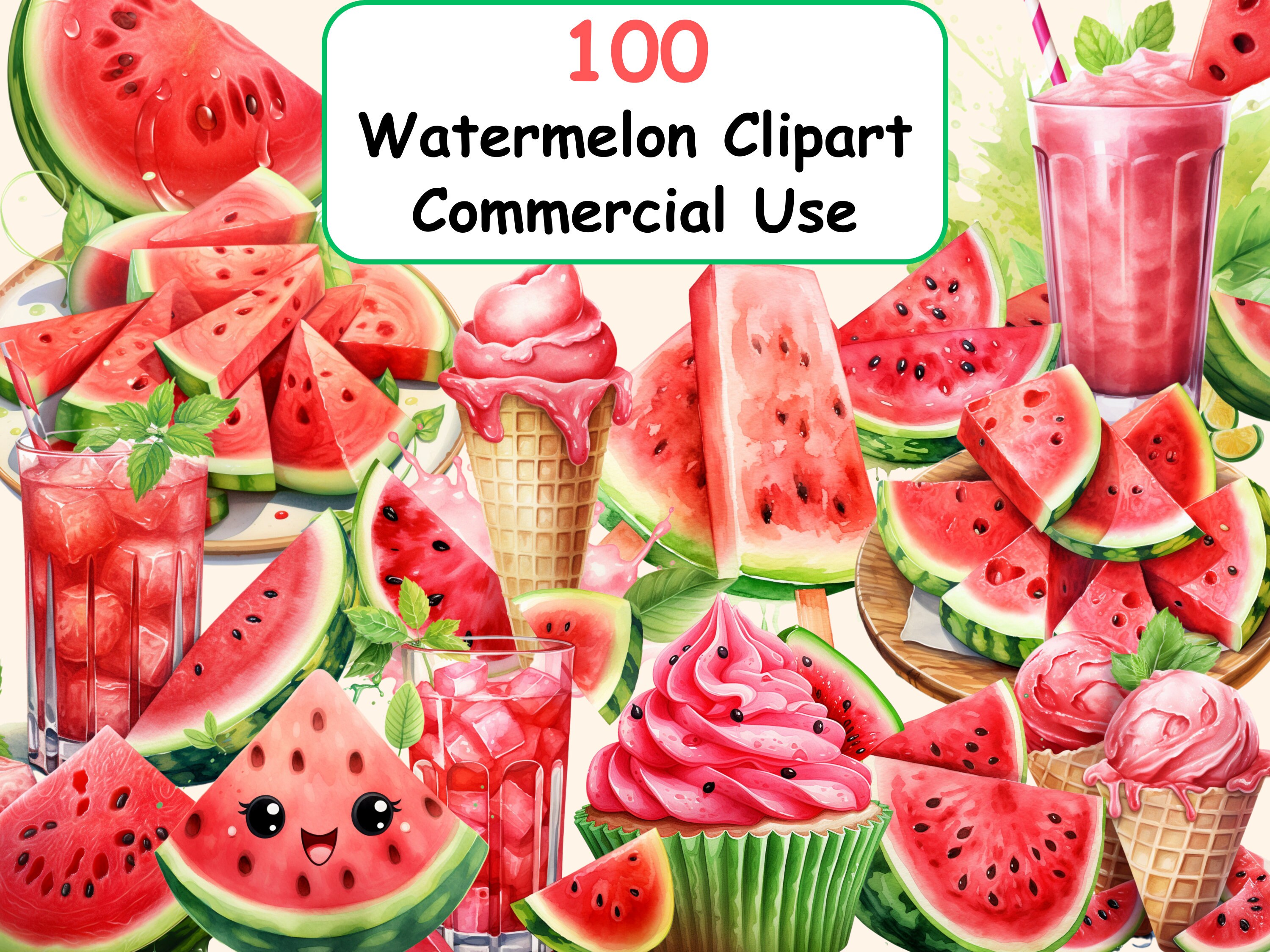 100 Watermelon Watercolor Clipart Bundle, PNG Images of Refreshing ...