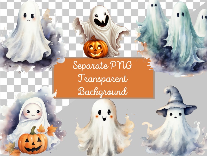 60 Spooky Halloween Ghost Clipart, Watercolor Clipart, Halloween PNG ...