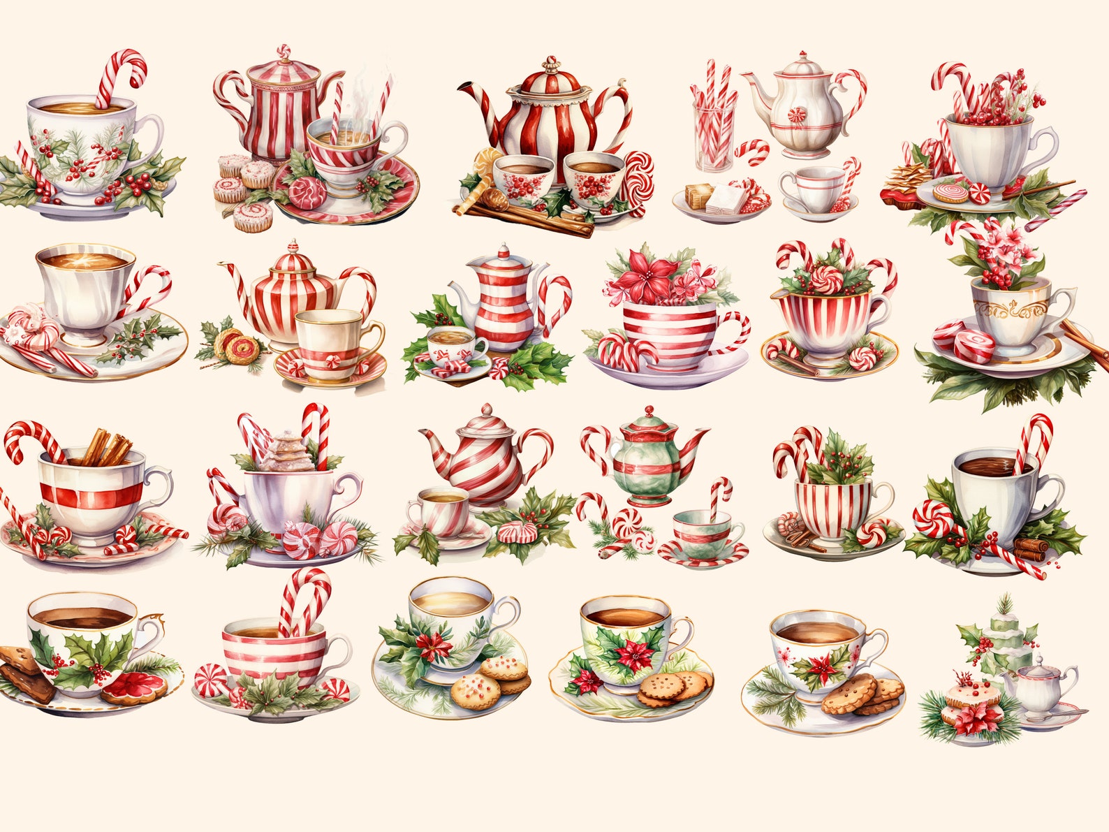 Christmas Tea Watercolor Clipart Bundle, 170 PNG Pepermint Drinks ...