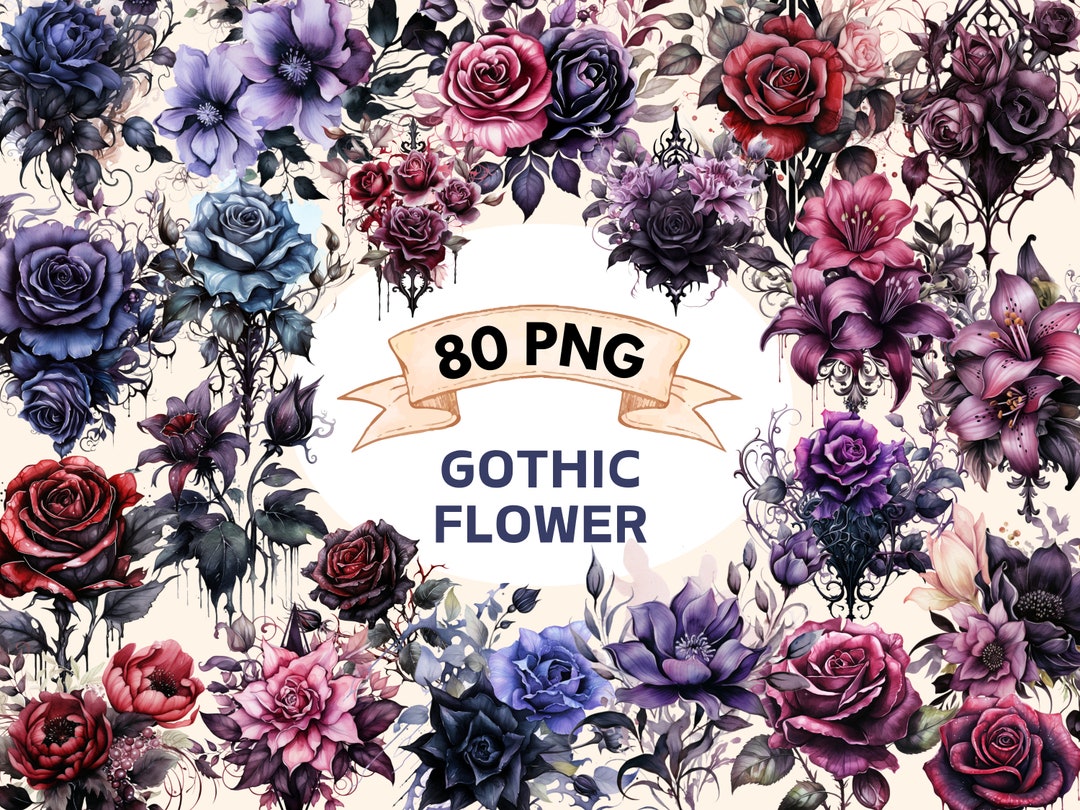 80 PNG Watercolor Gothic Floral Clipart, Magical Gothic Flowers Clip ...