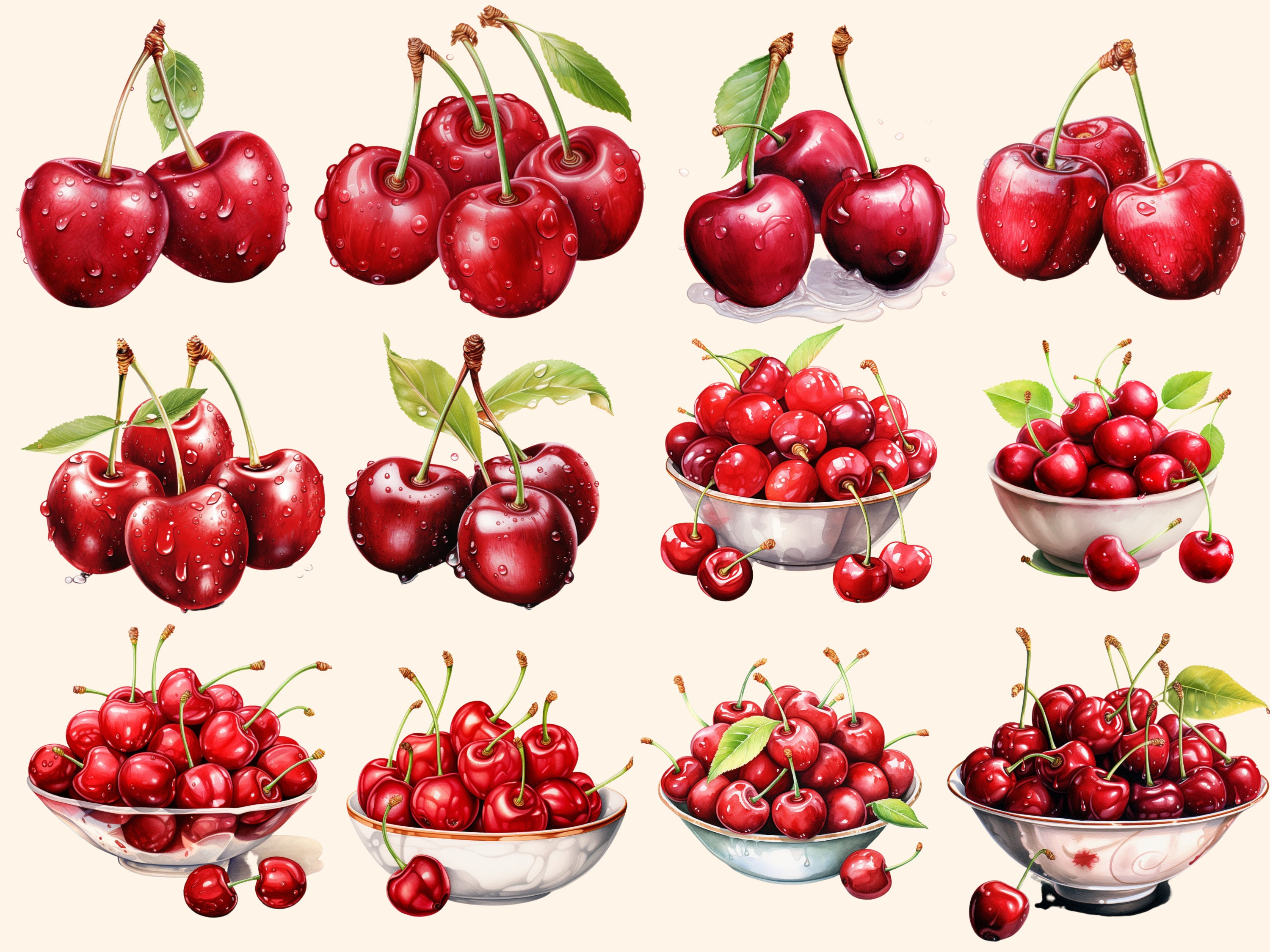 42 Watercolor Cherry Clipart, Digital Png Cherries, Graphics for ...