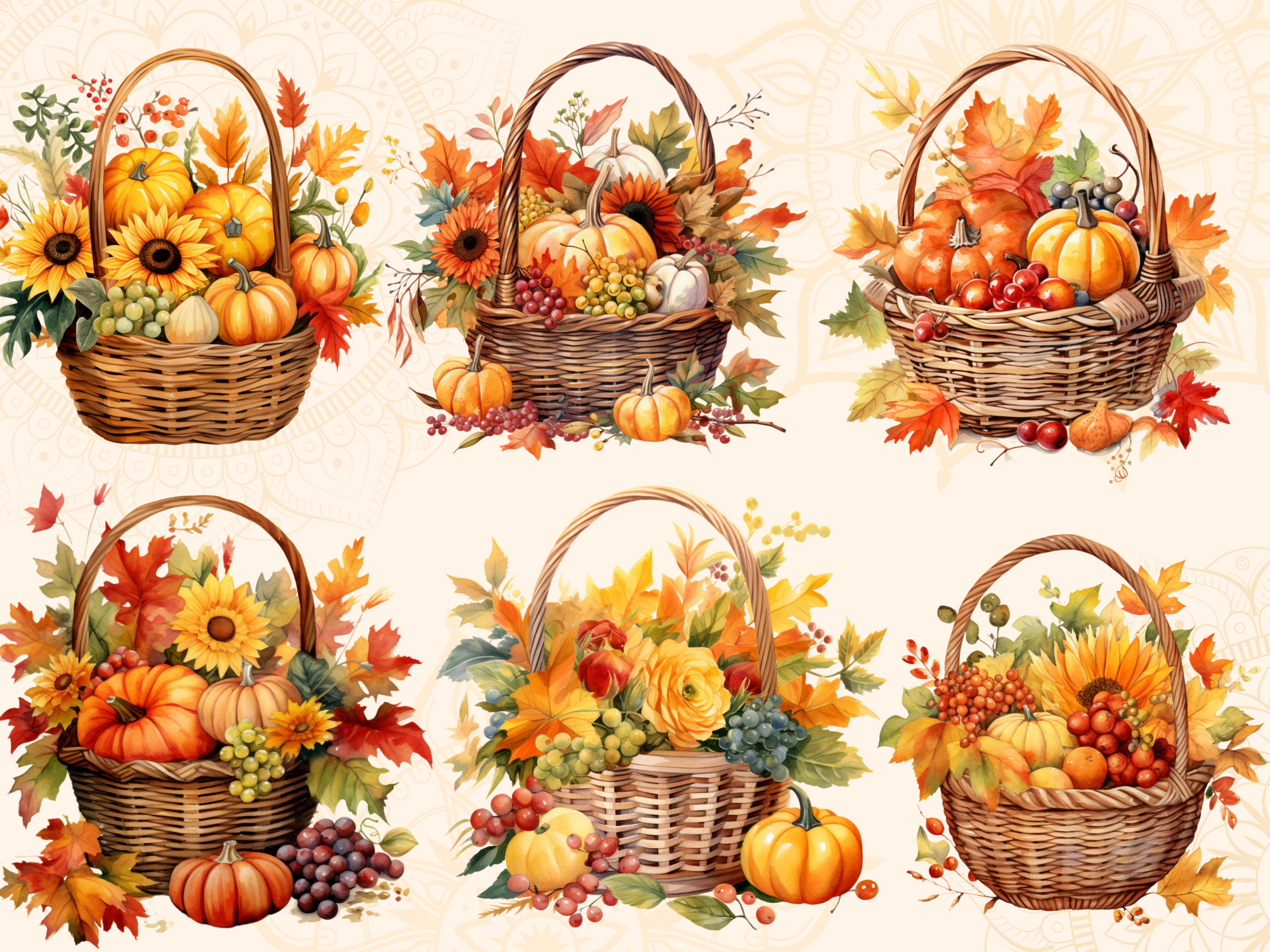 20 Autumn Pumpkin Basket Clipart, Watercolor Clipart, Fall Season ...