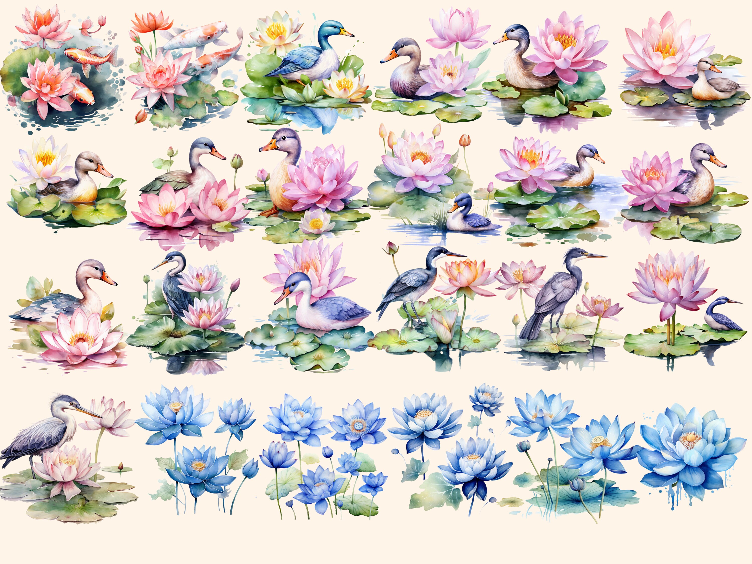 123 Lotus Flowers Watercolor Clipart Bundle - PNG Flower Images ...