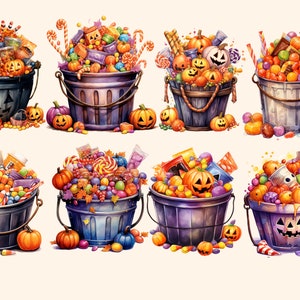 80 Halloween Candies Bucket Watercolor Clipart Bundle, PNG Trick or ...