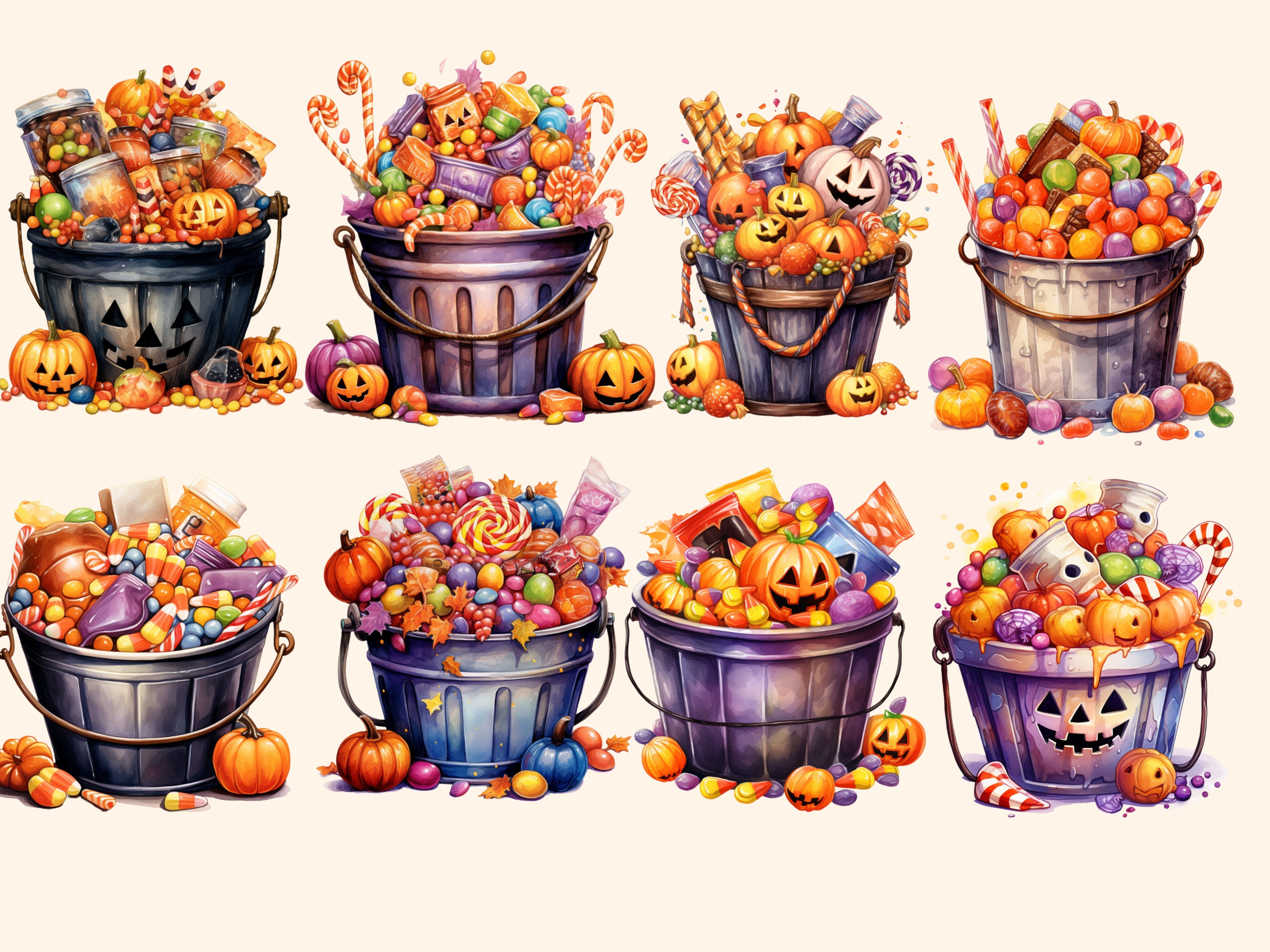 80 Halloween Candies Bucket Watercolor Clipart Bundle, PNG Trick or ...