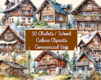 Winter Cabin Clipart, Snow Scene Clipart, Watercolor Winter Village ...