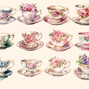 Vintage Tea Watercolor Clipart Bundle, 100 PNG Antique Teacup Images ...