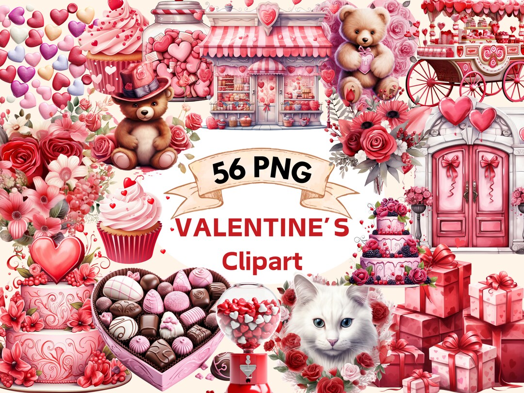 Watercolor Cute Valentines Candy Shop Clipart, 86 PNG Valentines Day ...
