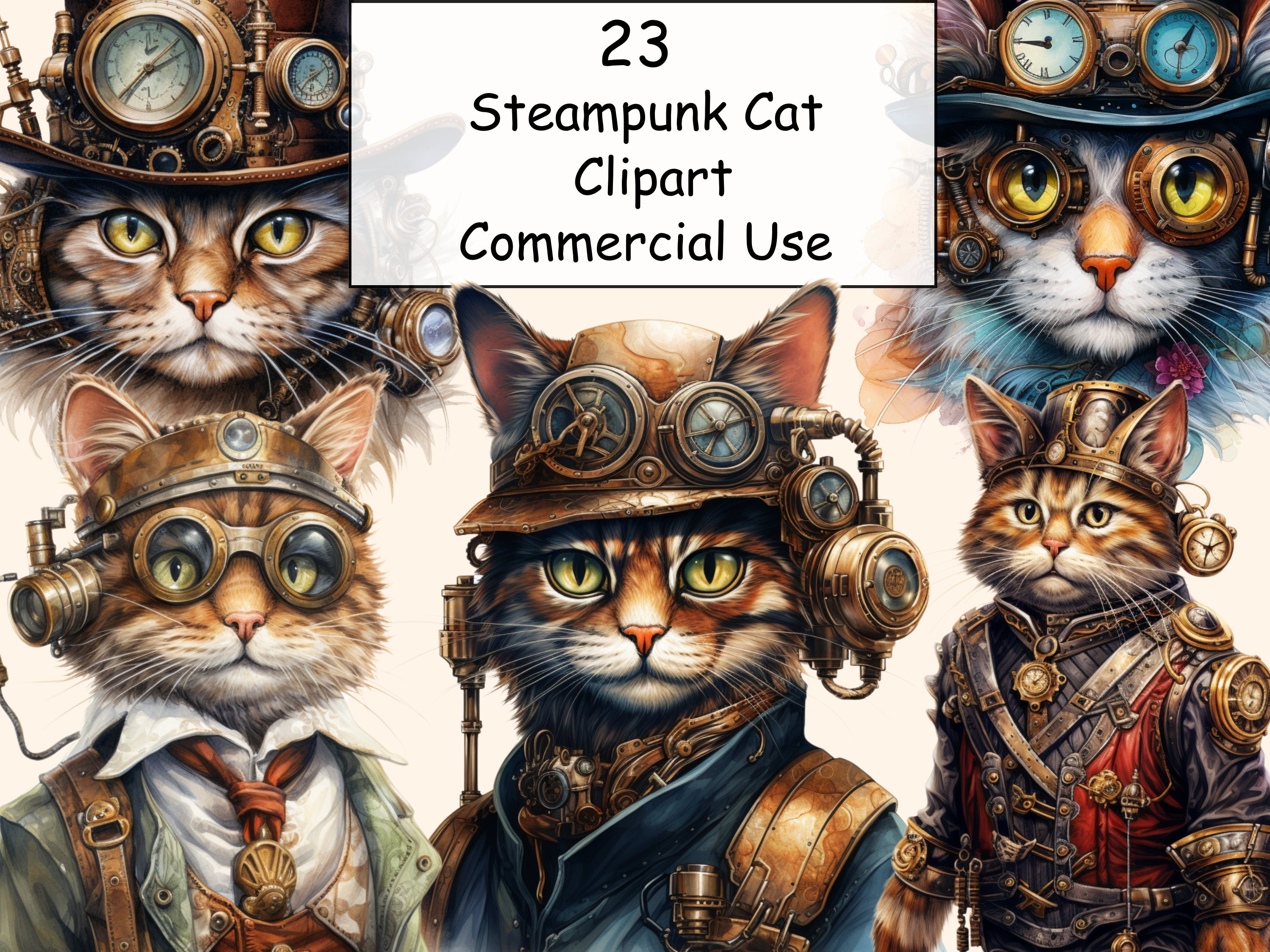 23 Steampunk Cats Watercolor Clipart Bundle, PNG Mechanical Cat Images ...