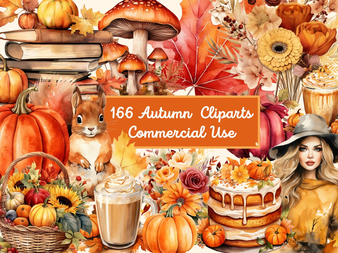 166 Watercolor Autumn Clipart Bundle , PNG Watercolor Fall Illustration ...