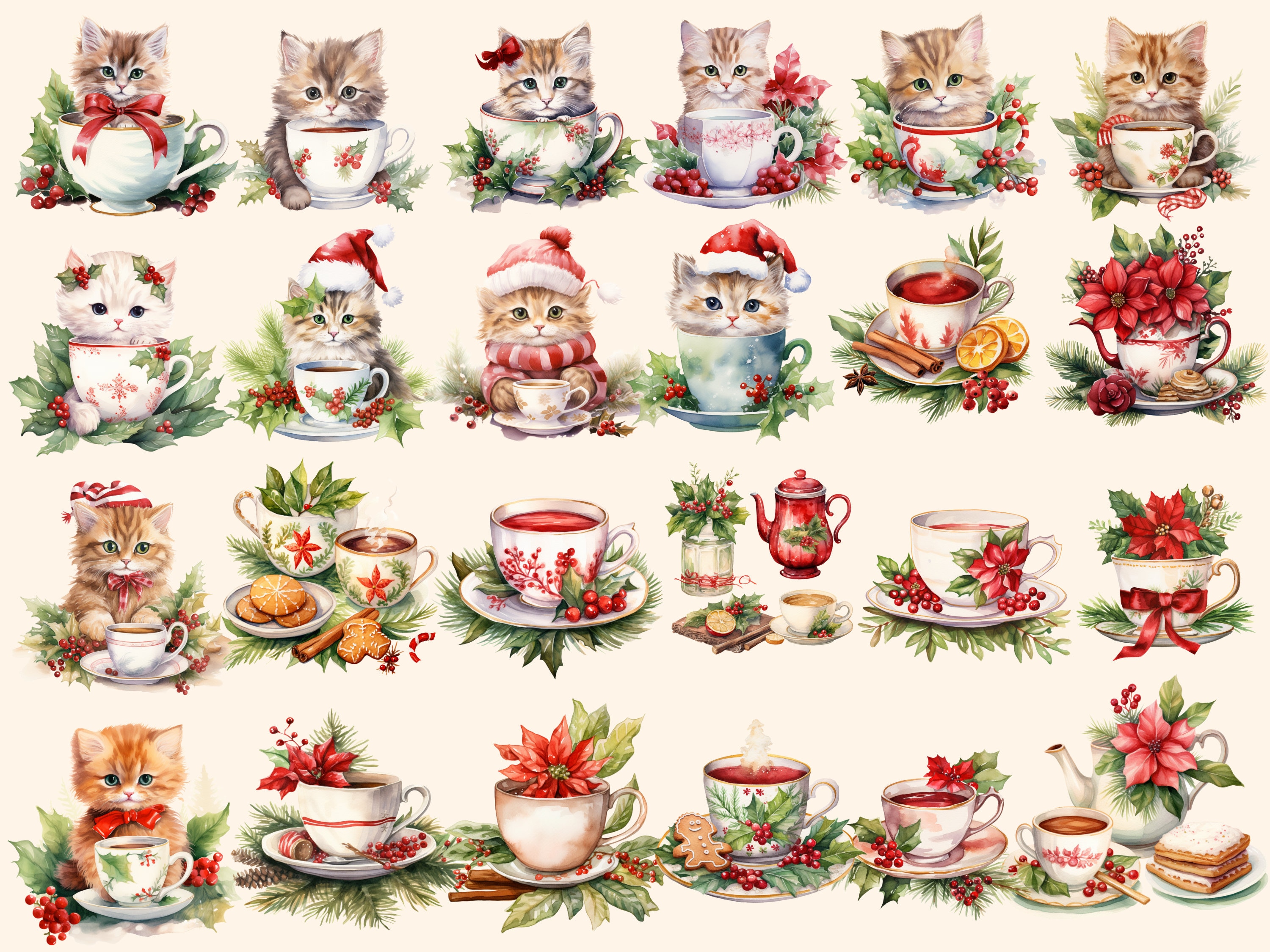 Christmas Tea Watercolor Clipart Bundle, 170 PNG Pepermint Drinks ...