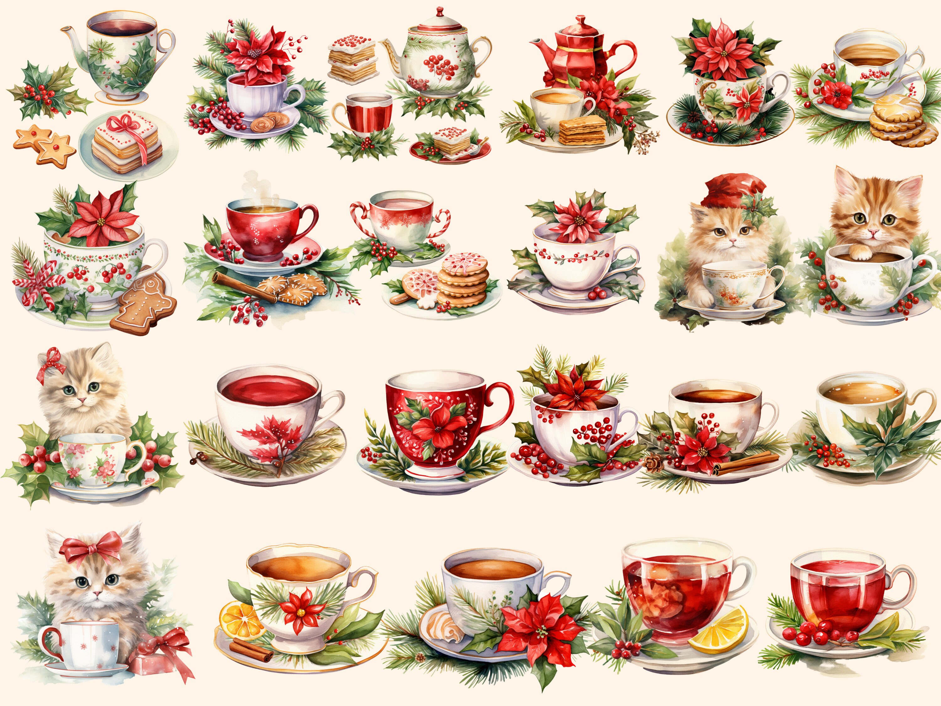 Christmas Tea Watercolor Clipart Bundle, 170 PNG Pepermint Drinks ...