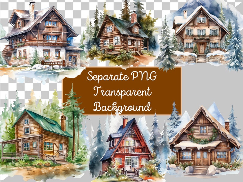30 Winter Cabin Clipart Chalet Cliparts Watercolor Wooden - Etsy