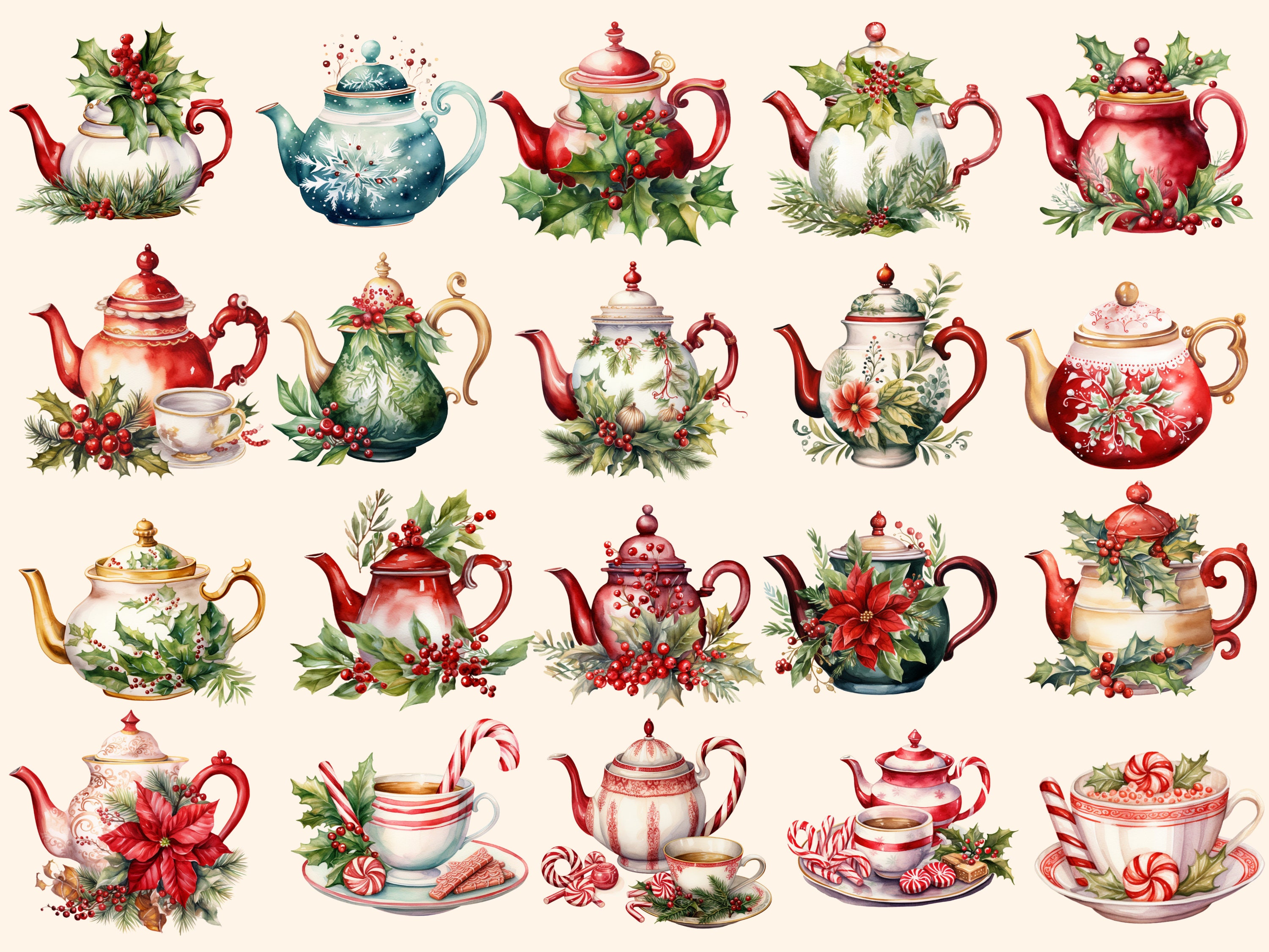 Christmas Tea Watercolor Clipart Bundle, 170 PNG Pepermint Drinks ...