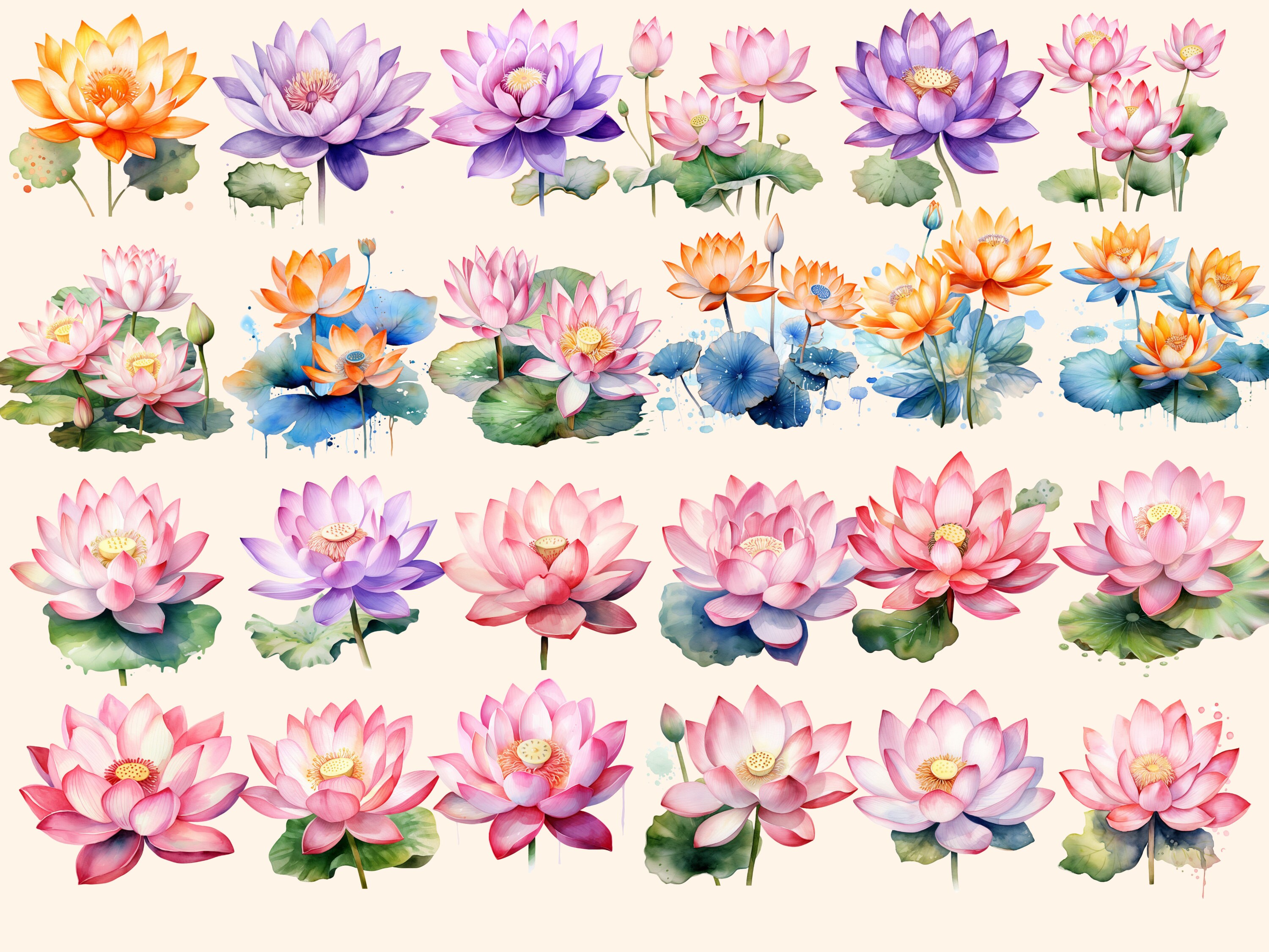 123 Lotus Flowers Watercolor Clipart Bundle - PNG Flower Images ...