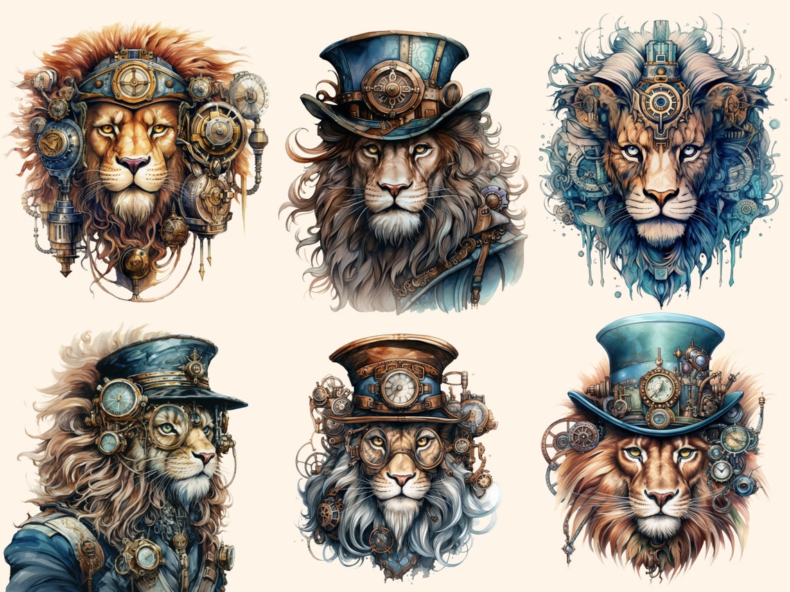 21 Steampunk Lion Clipart, Watercolor Steampunk Png, Steampunk Animal ...