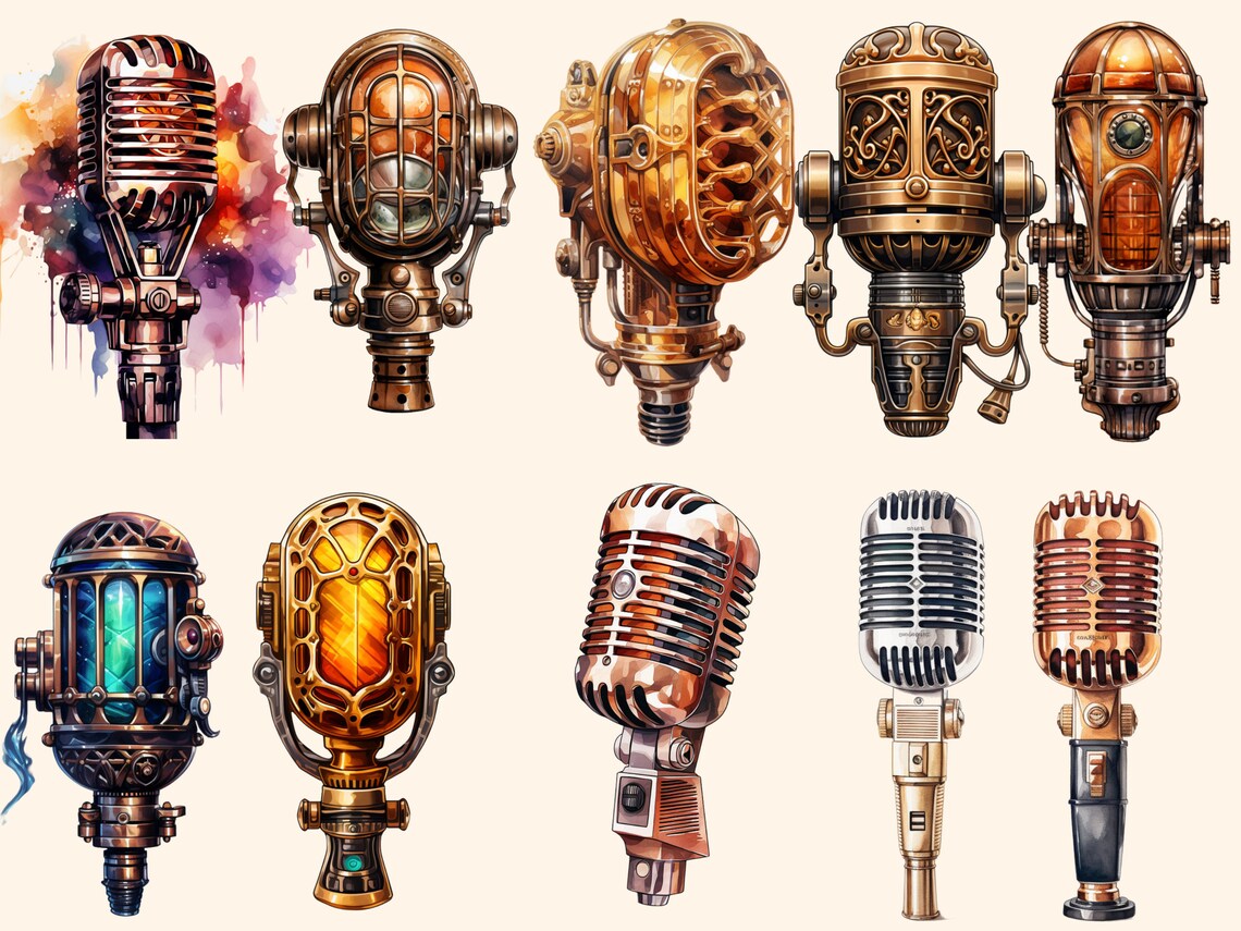 35 Steampunk Microphone Clipart, Vintage Clipart, Watercolor Steampunk ...
