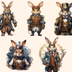 20 Steampunk Rabbit Watercolor Clipart Bundle, PNG Mechanical Rabbits ...