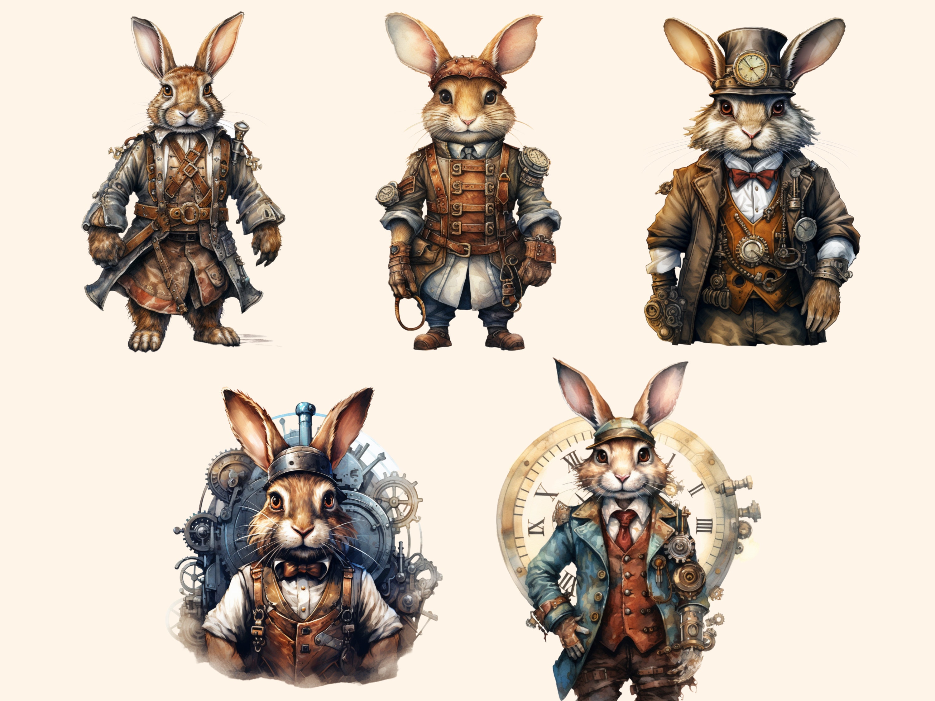 20 Steampunk Rabbit Watercolor Clipart Bundle, PNG Mechanical Rabbits ...