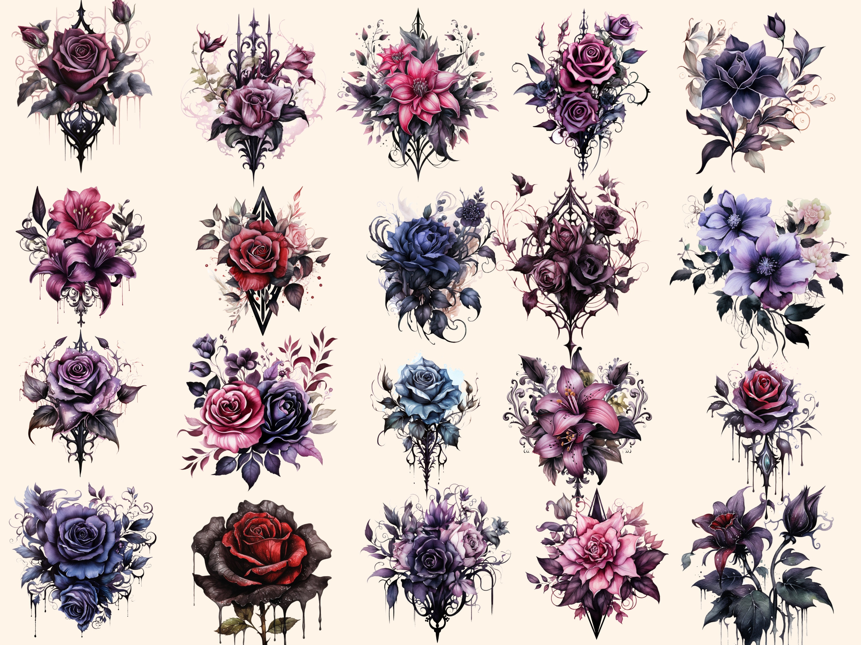 80 PNG Watercolor Gothic Floral Clipart, Magical Gothic Flowers Clip ...