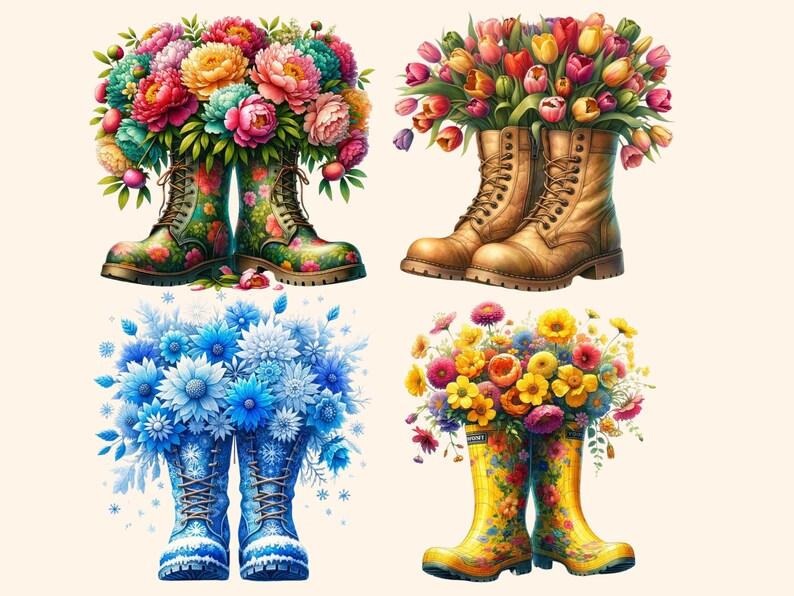 Garden Boots Illustrations With Flowers Bundle, Fall Clipart, Spring ...